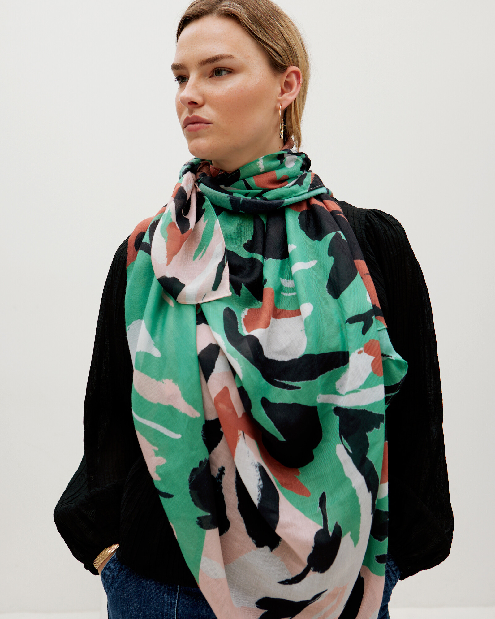 Animal Feathered Green Lightweight Scarf | Oliver Bonas