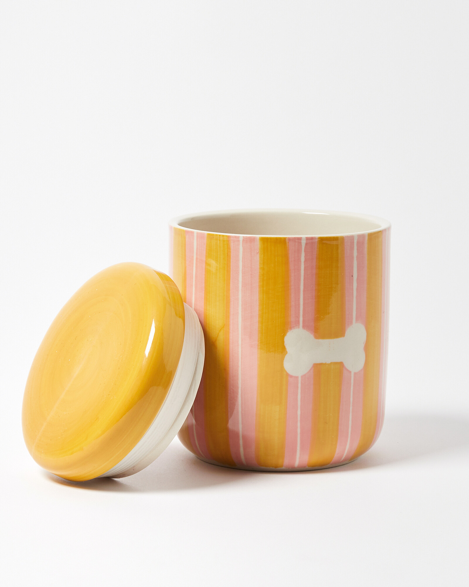 Bone Yellow & Pink Striped Ceramic Pet Treat Jar | Oliver Bonas