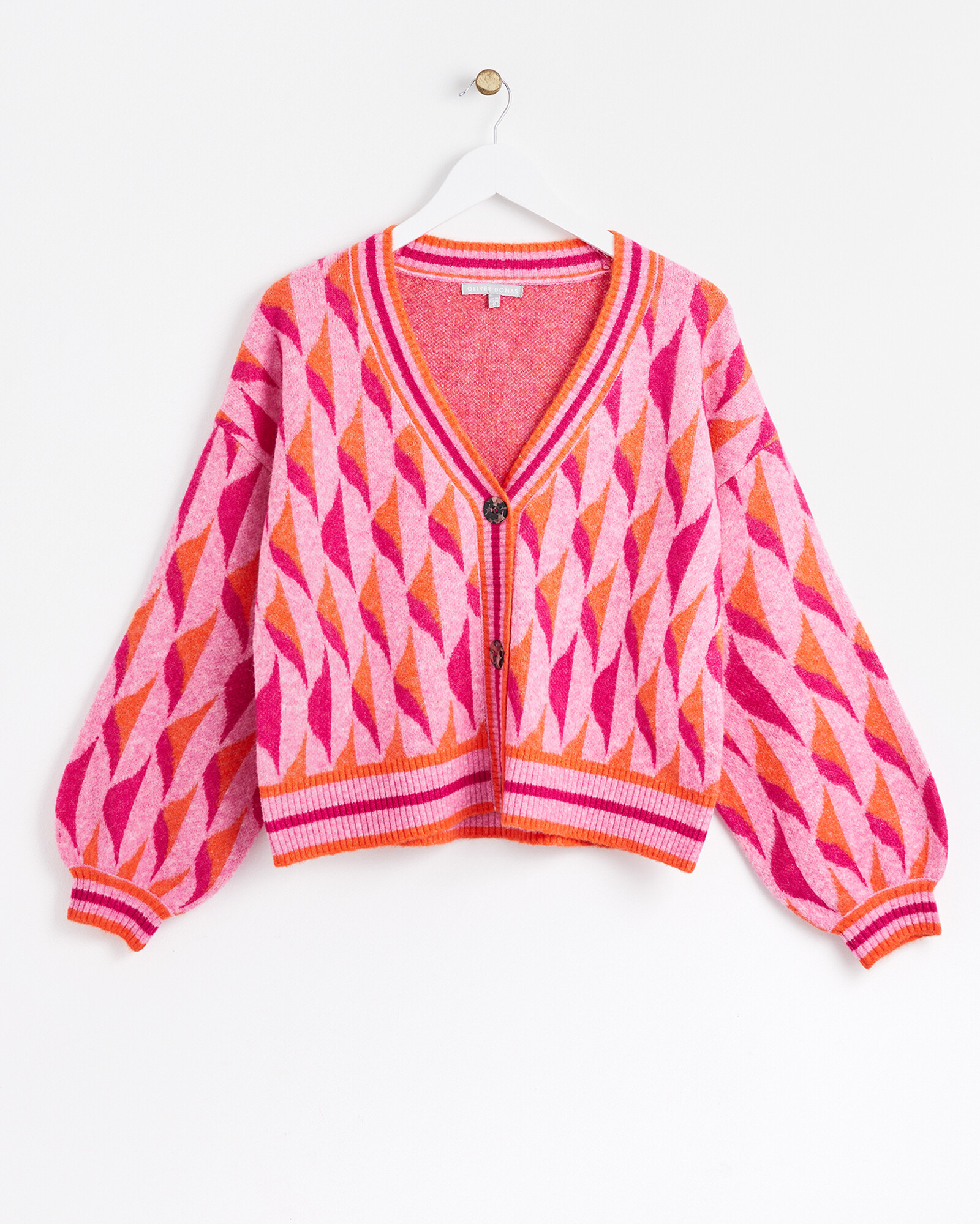 Geometric Pink Jacquard Knitted Cardigan | Oliver Bonas
