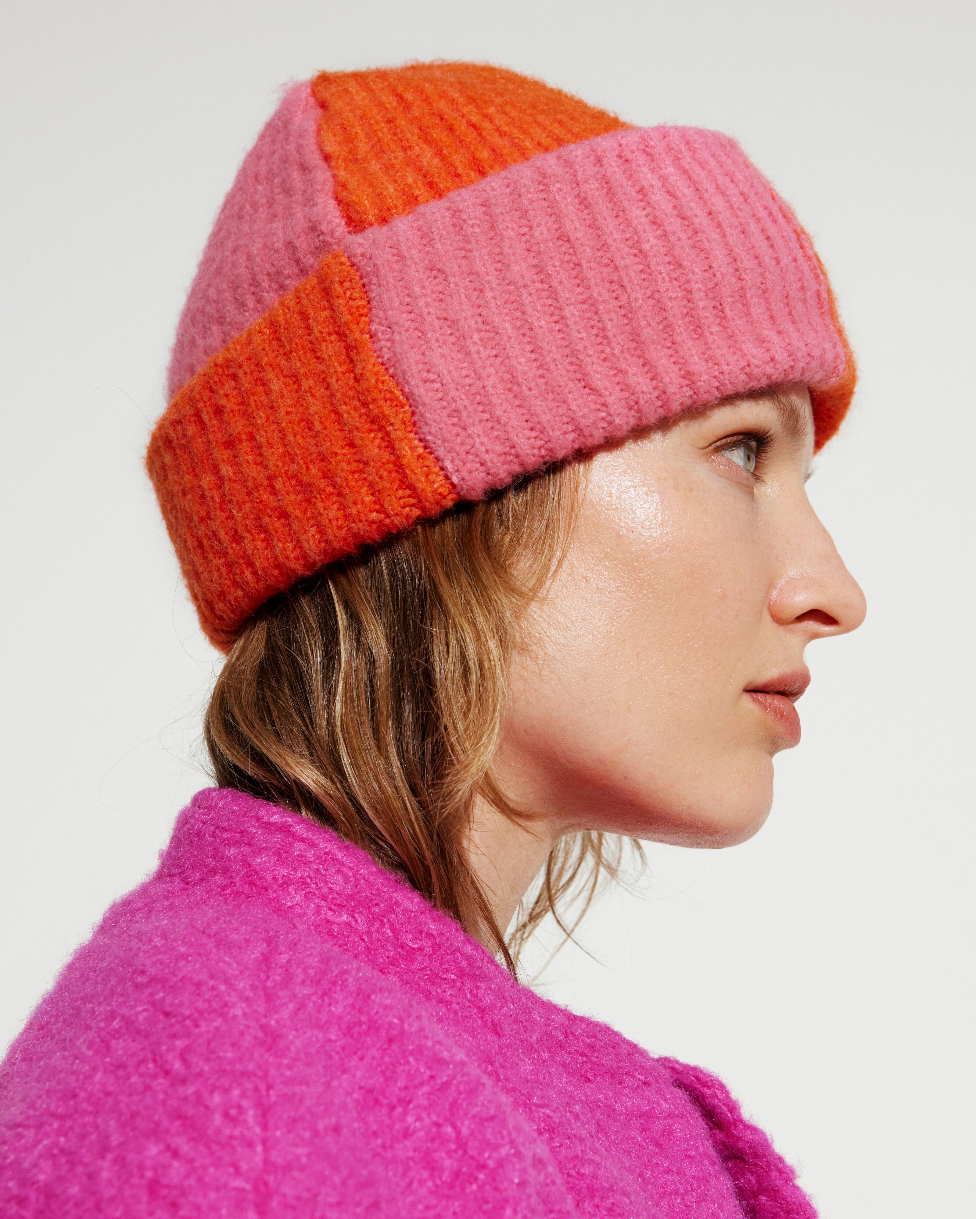 Pink & Orange Check Knitted Beanie Hat | Oliver Bonas