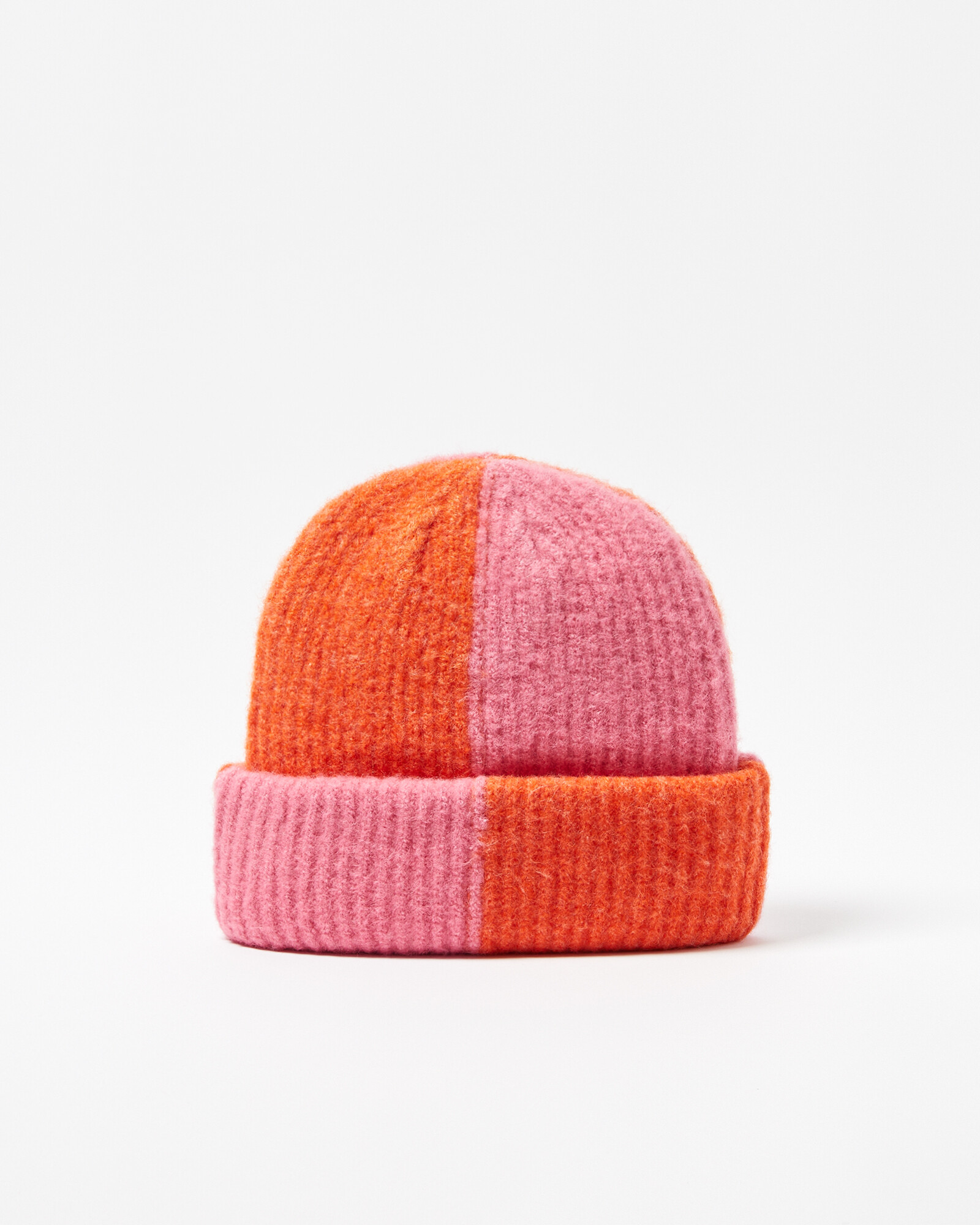 Pink & Orange Check Knitted Beanie Hat | Oliver Bonas