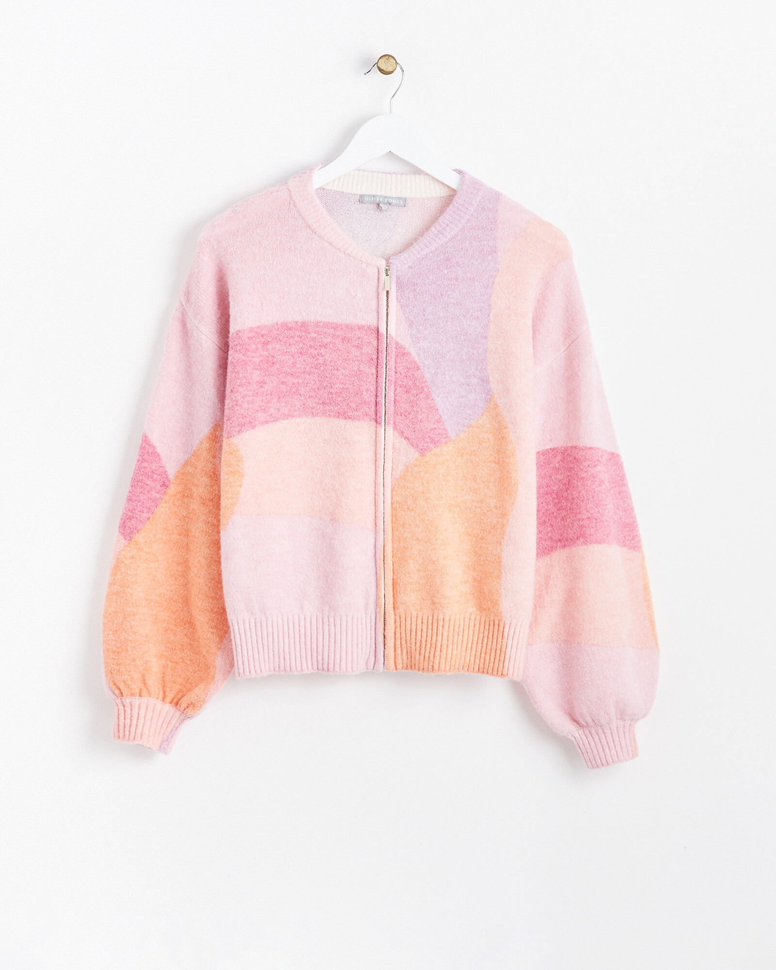 Abstract Pink Knitted Bomber Jacket | Oliver Bonas