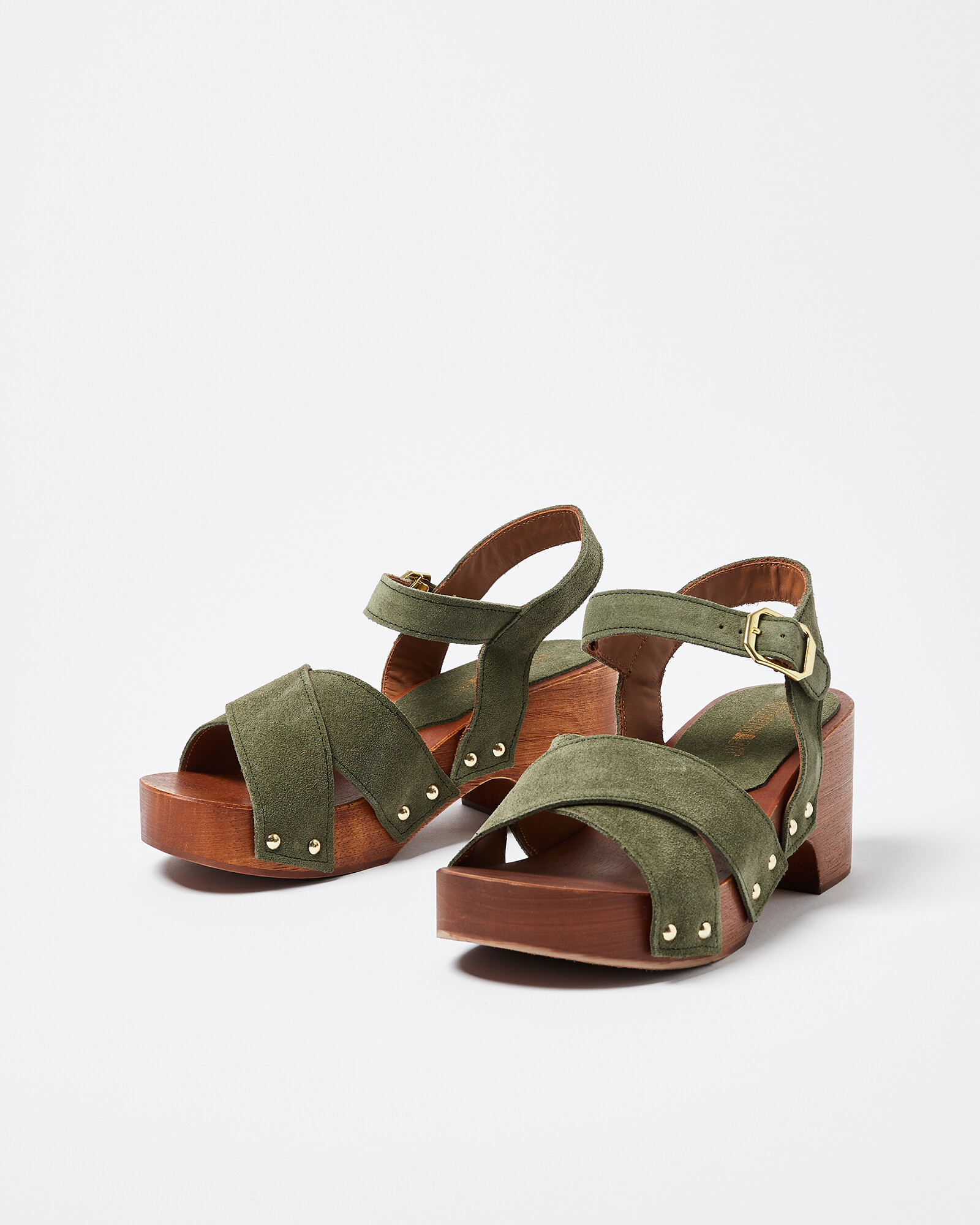 Stringart Green Suede Crossover Clog Heeled Sandals | Oliver Bonas