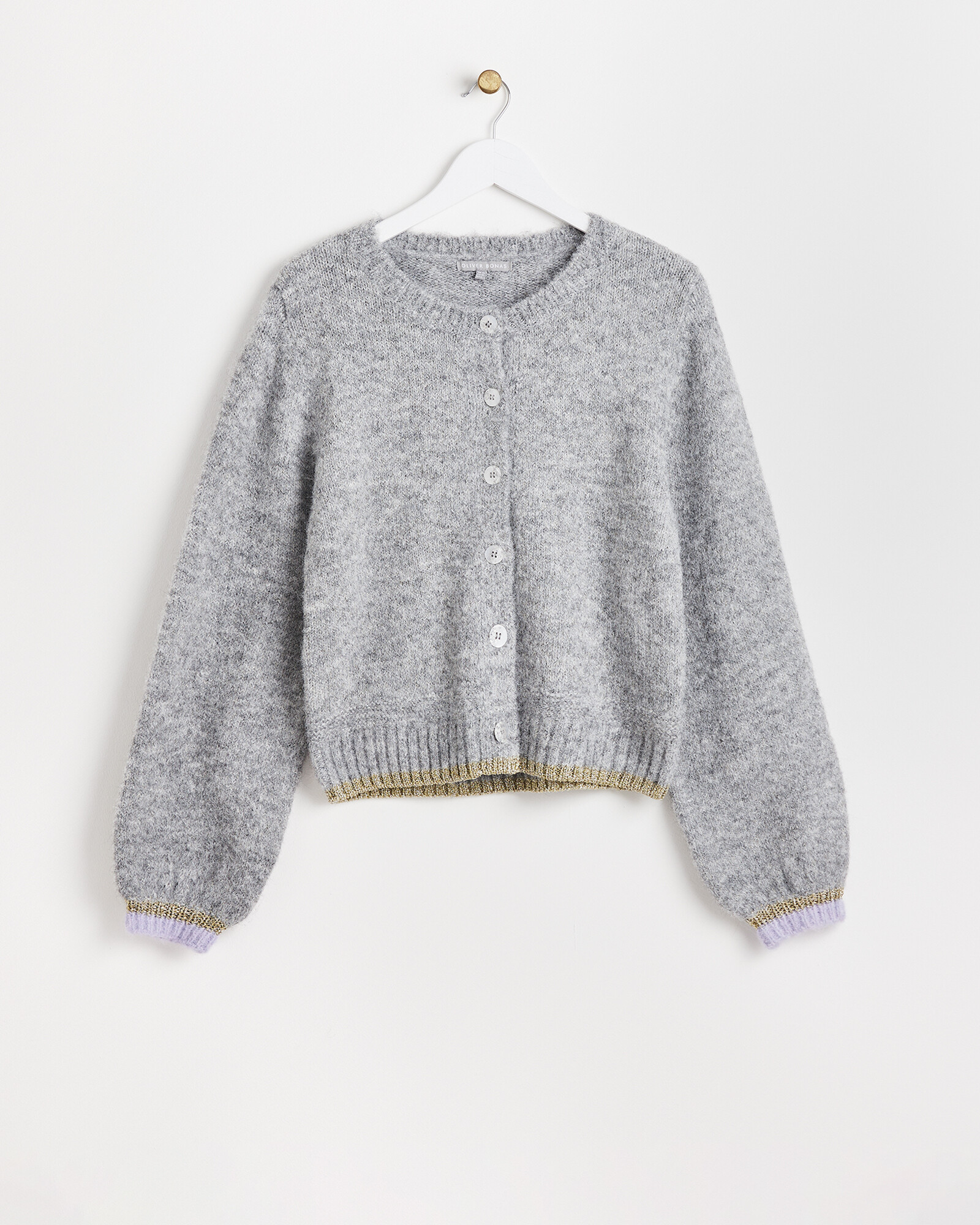 Metallic Trim Grey Knitted Cardigan | Oliver Bonas