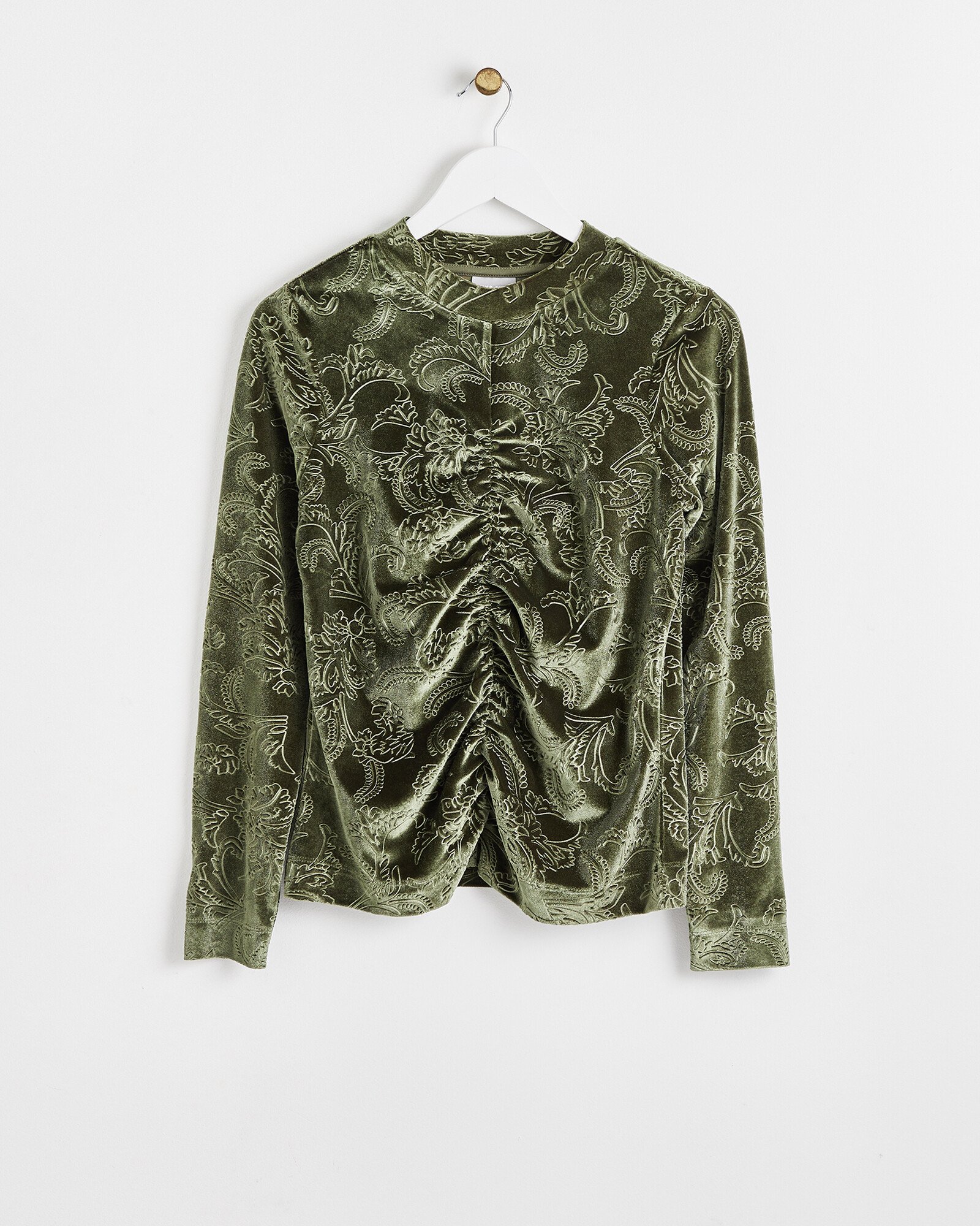 Embossed Paisley Green Ruched Top | Oliver Bonas