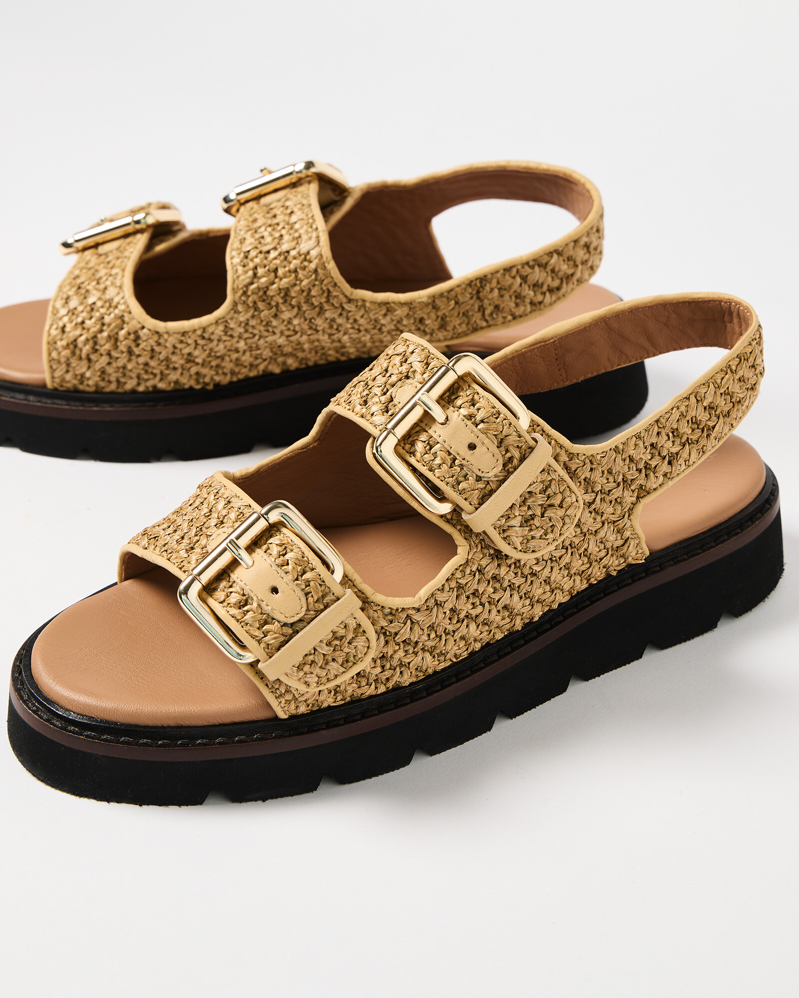 Brown Raffia Double Strap Chunky Sandals | Oliver Bonas