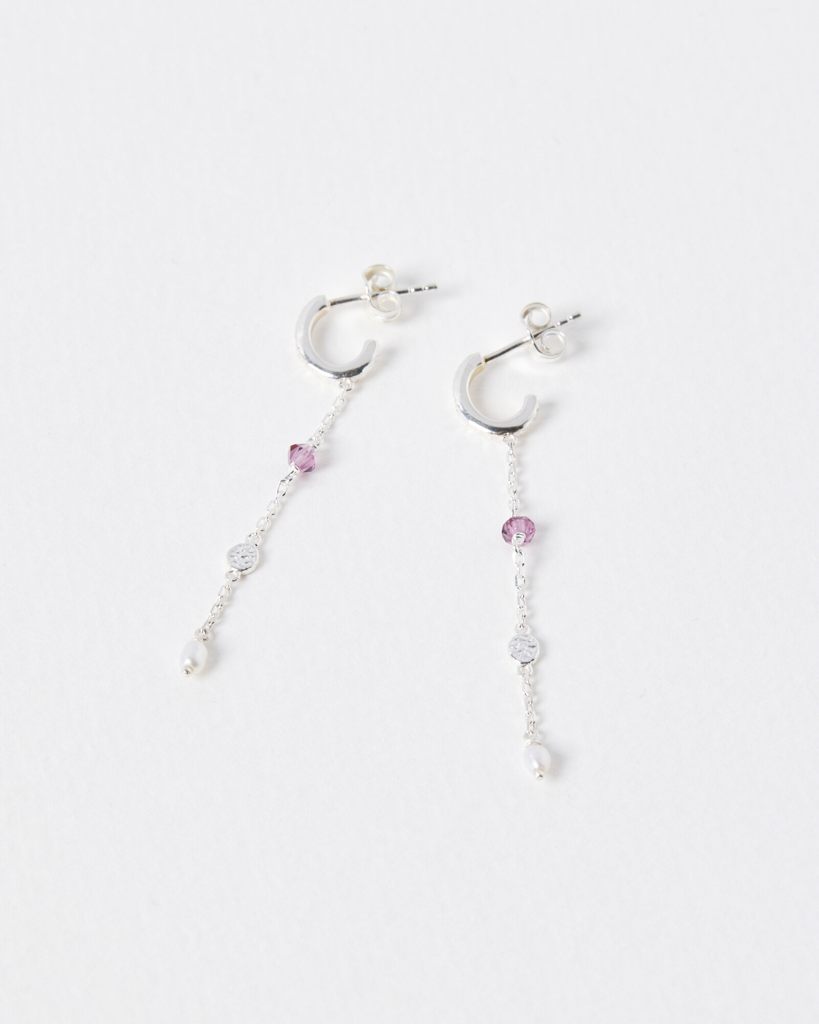 Ula Pearl & Stone Drop Chain Silver Hoop Earrings | Oliver Bonas