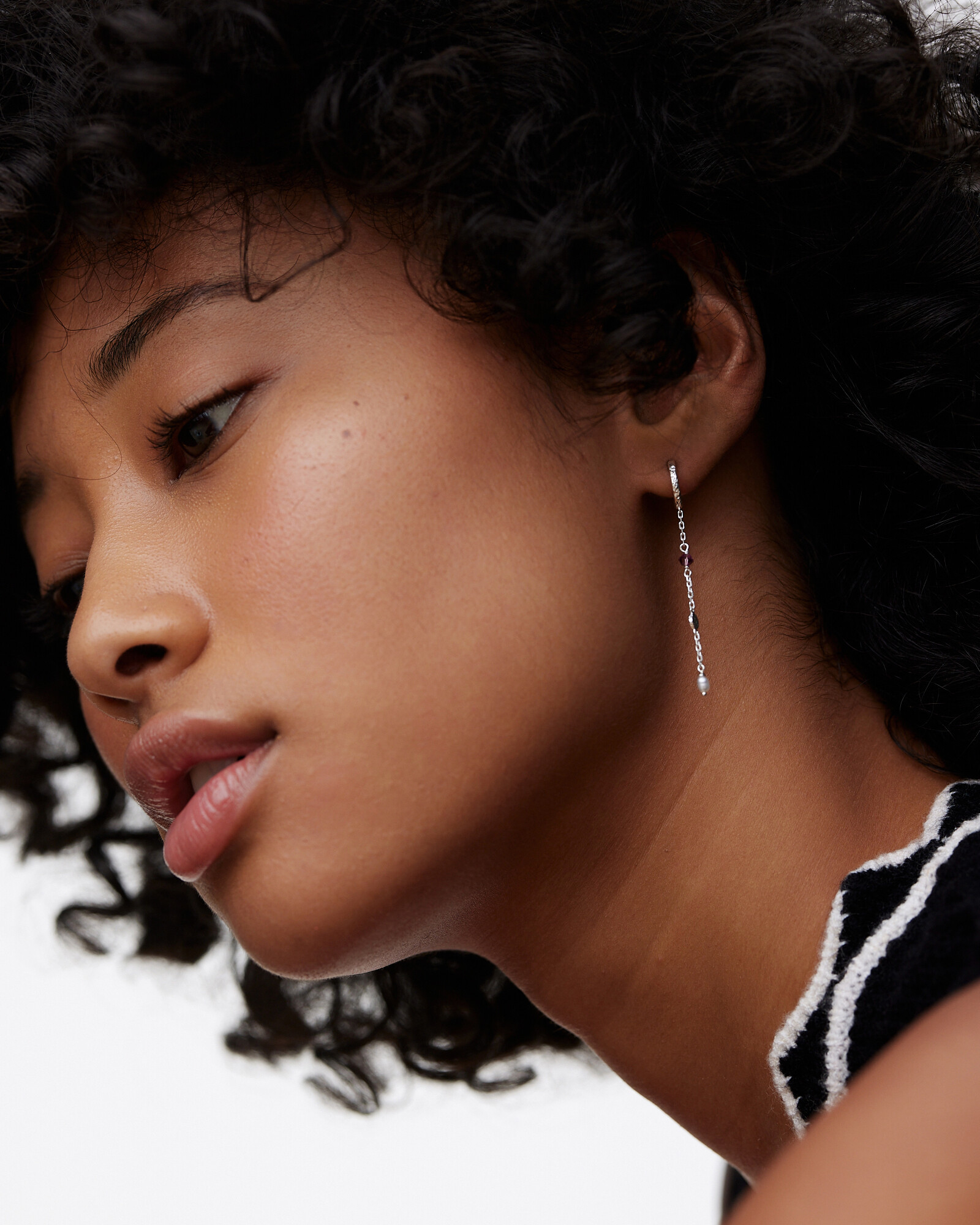 Ula Pearl & Stone Drop Chain Silver Hoop Earrings | Oliver Bonas