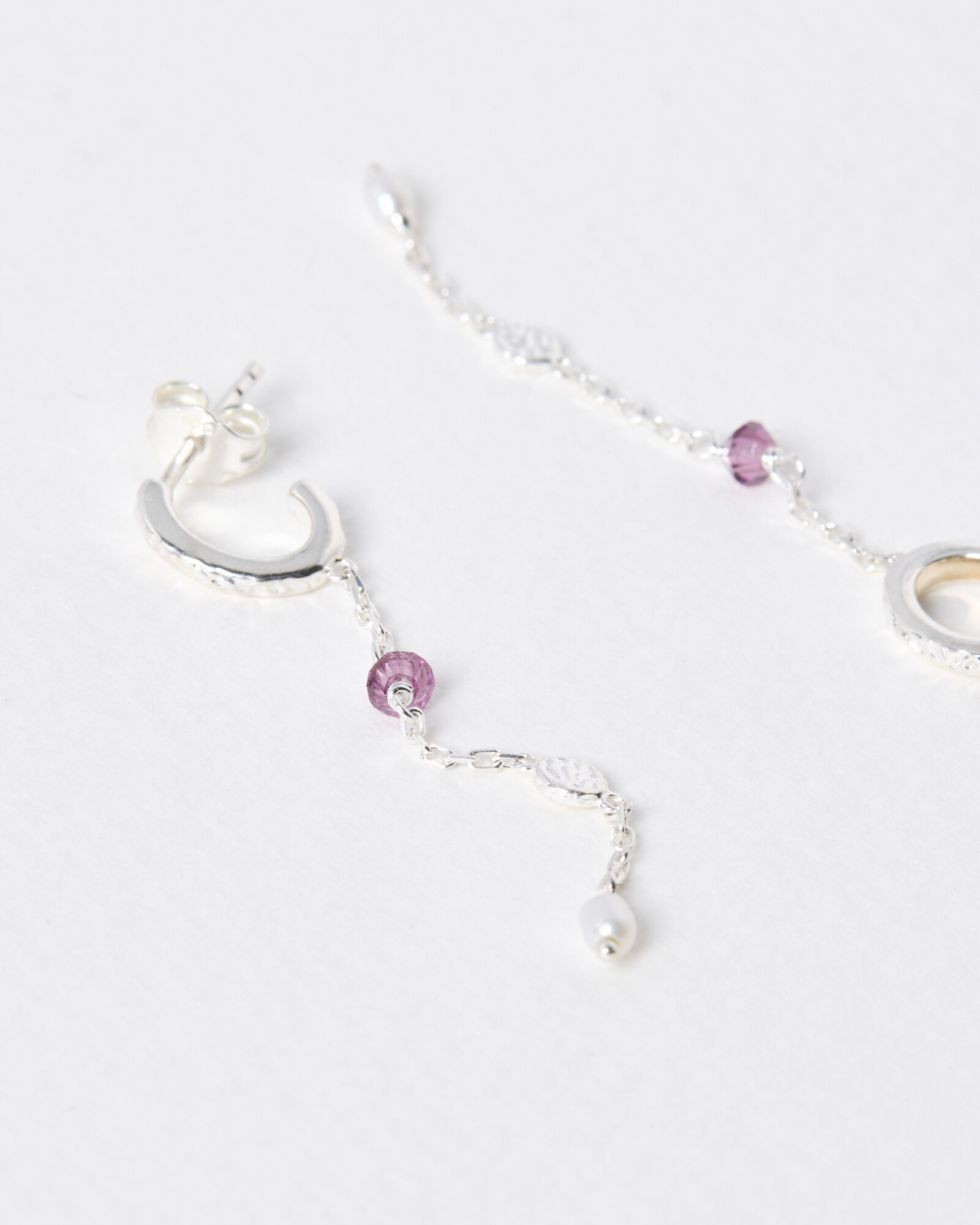 Ula Pearl & Stone Drop Chain Silver Hoop Earrings | Oliver Bonas