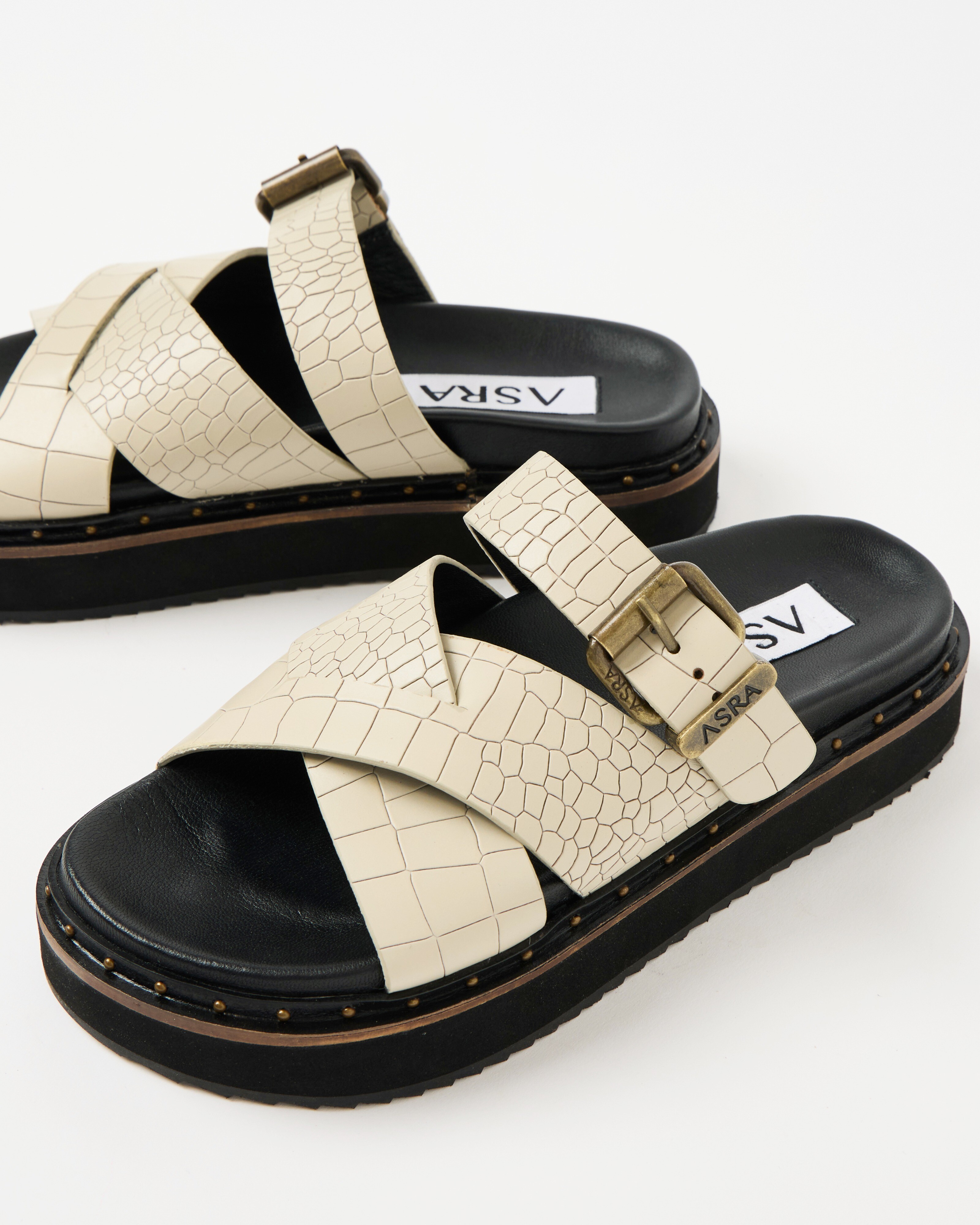 Asra Megan White Croc Leather Crossover Sandals | Oliver Bonas