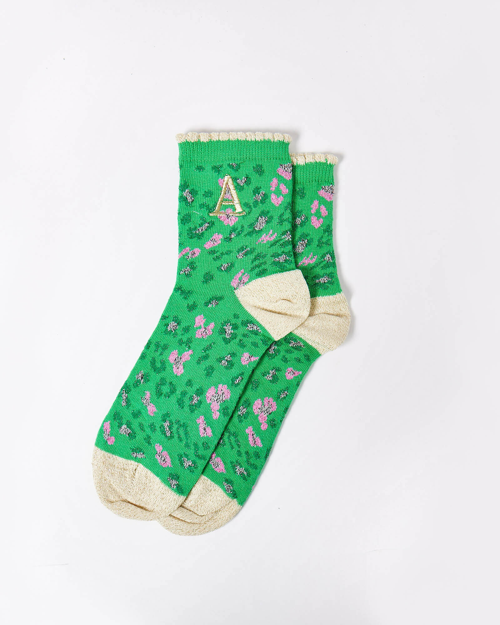 Green Alphabet Leopard Initial Ankle Socks | Oliver Bonas