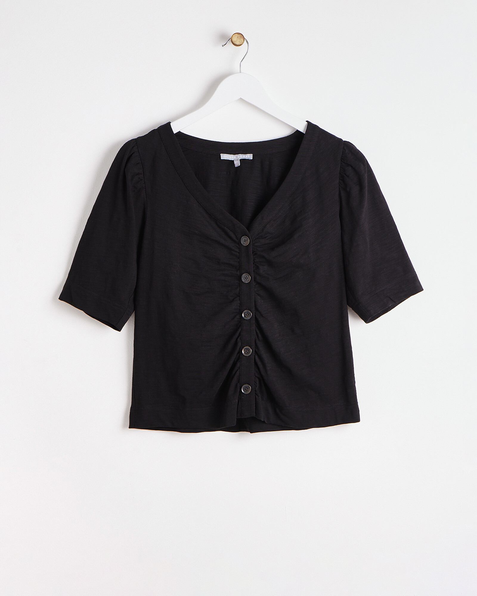 Black Button Up Ruched Jersey Top | Oliver Bonas