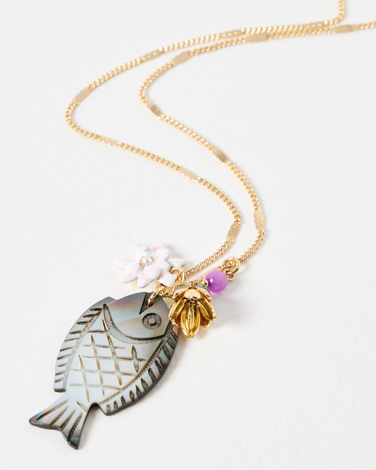 Shelby Mother of Pearl Fish & Bead Pendant Necklace | Oliver Bonas