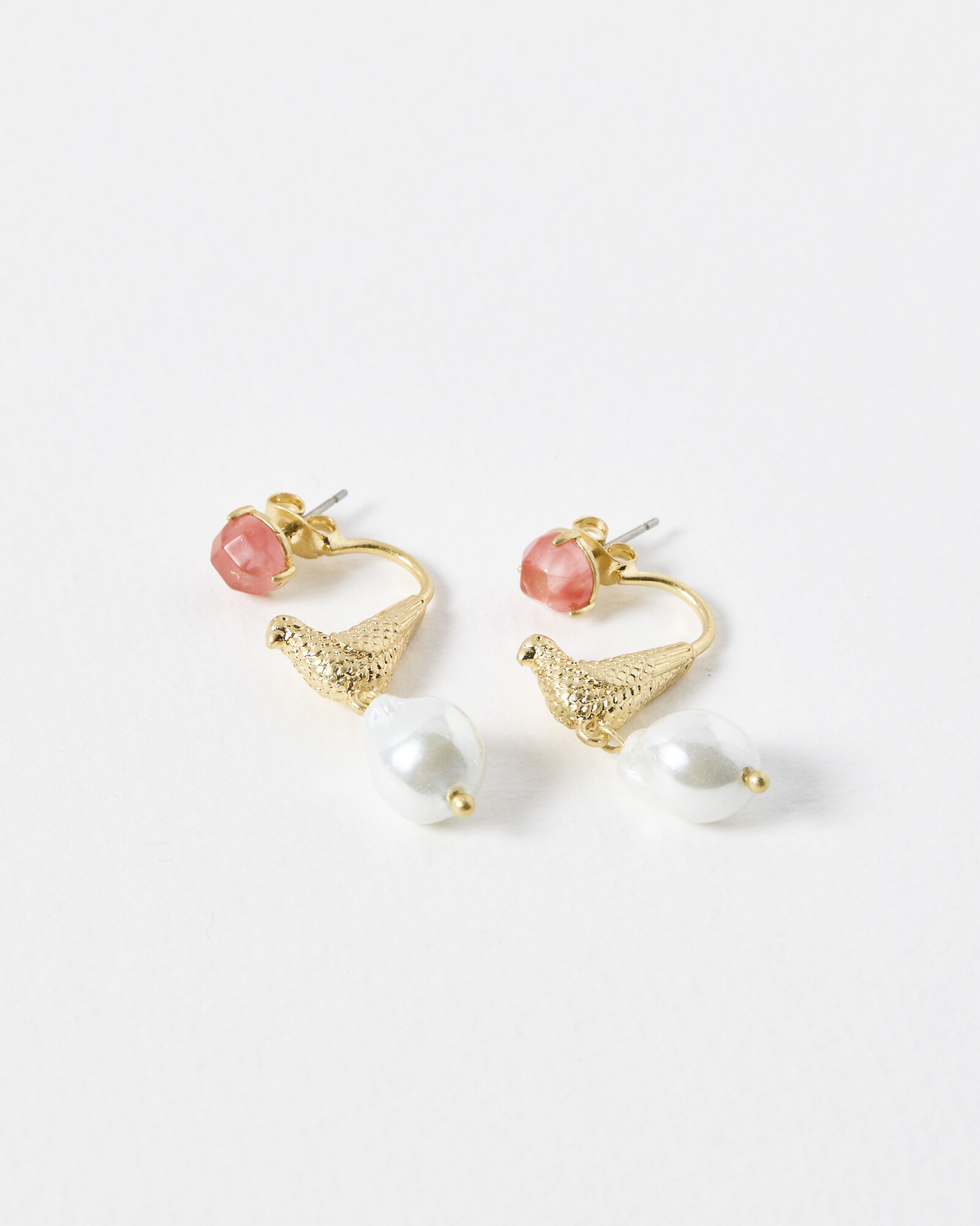 Wren Bird & Faux Peal Gold Tone Drop Earrings | Oliver Bonas