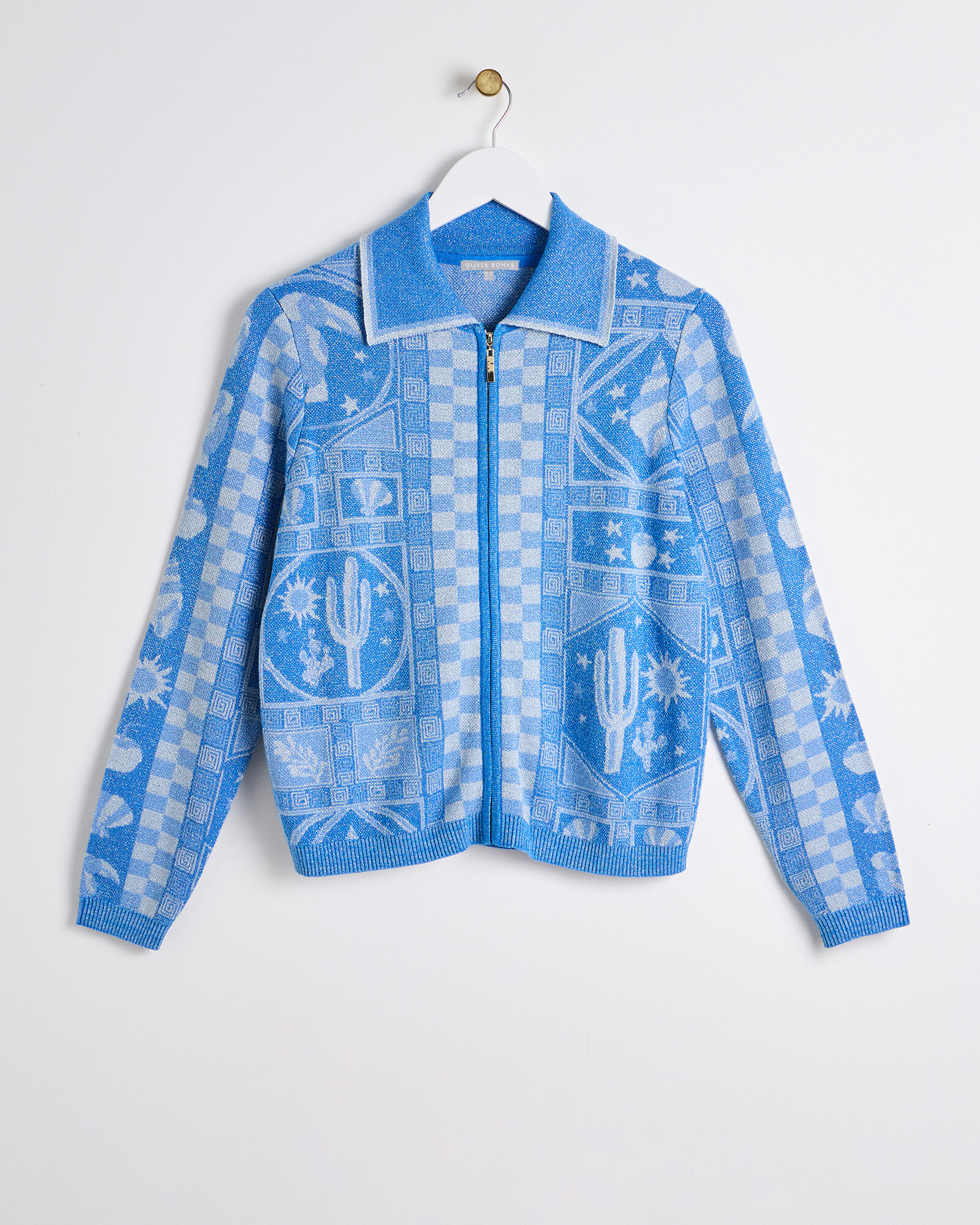 Sparkly Blue Tile Knitted Zip Bomber Jacket with Collar | Oliver Bonas
