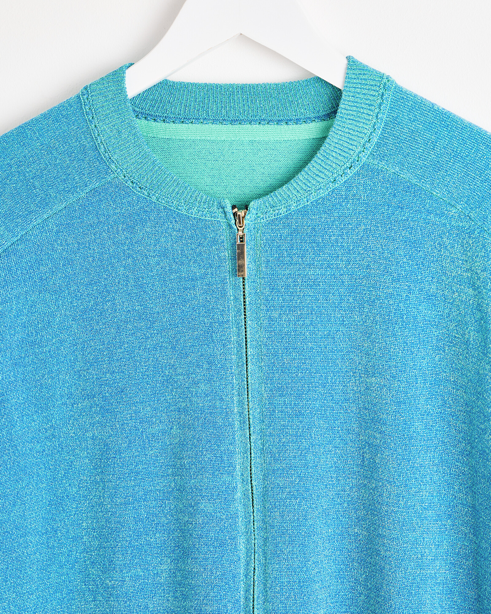 Turquoise Blue Sparkle Knit Zip Up Bomber Jacket | Oliver Bonas