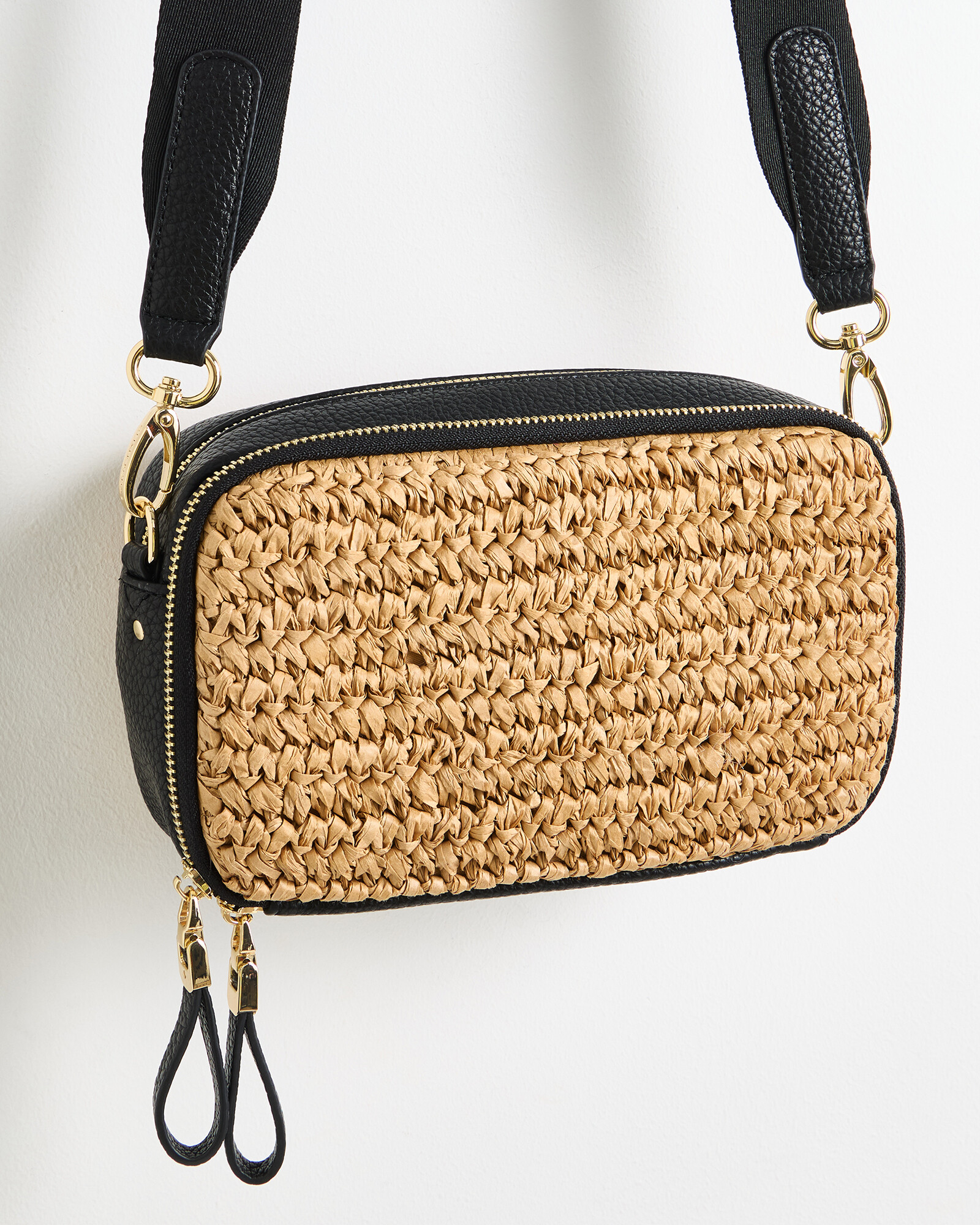 Simen Crochet Raffia Black Crossbody Bag | Oliver Bonas