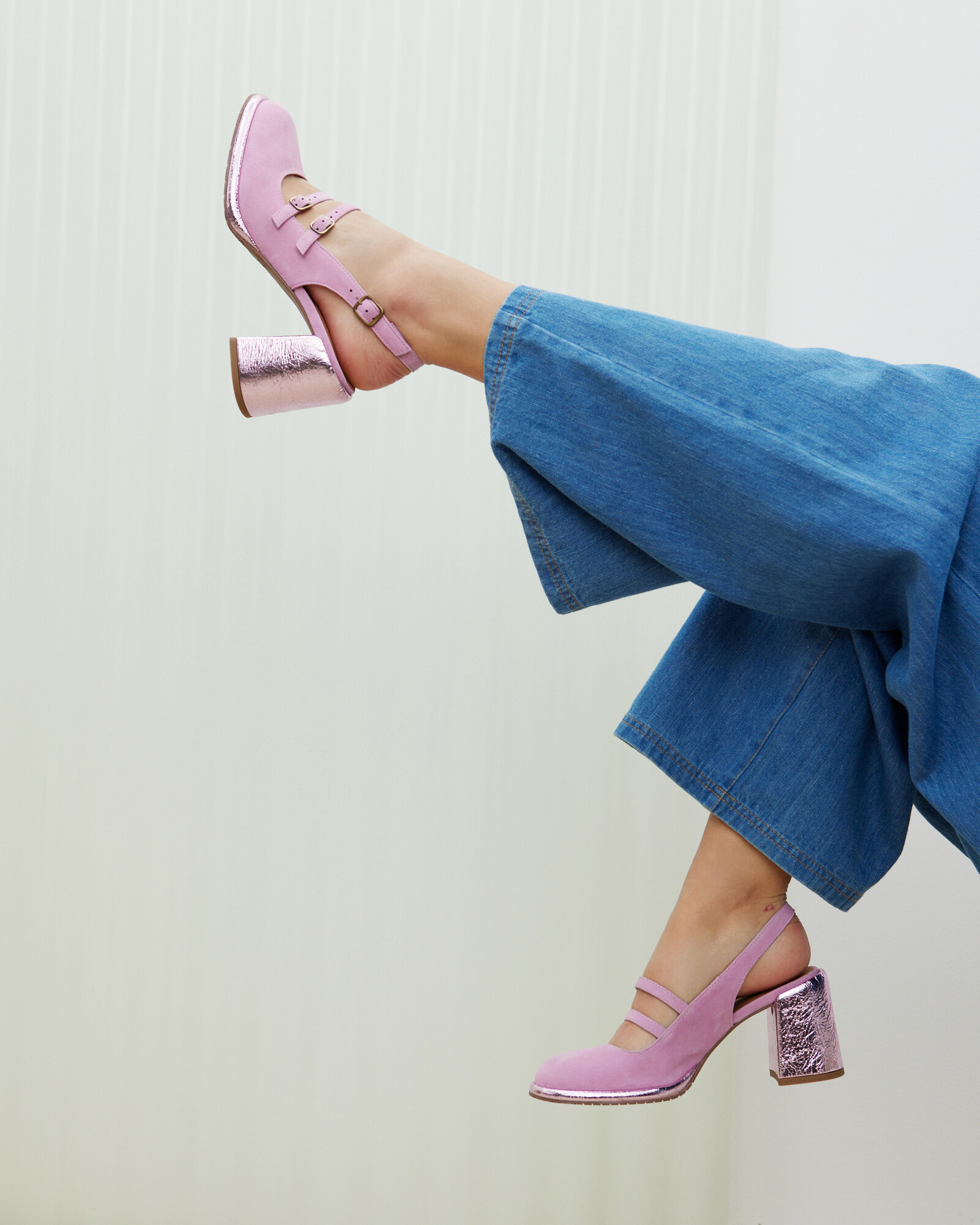 Esska Mariela Metallic Pink & Suede Heeled Mary Janes | Oliver Bonas