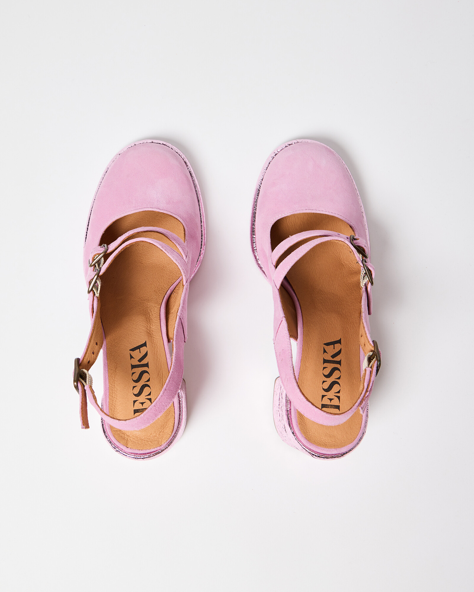 Esska Mariela Metallic Pink & Suede Heeled Mary Janes | Oliver Bonas