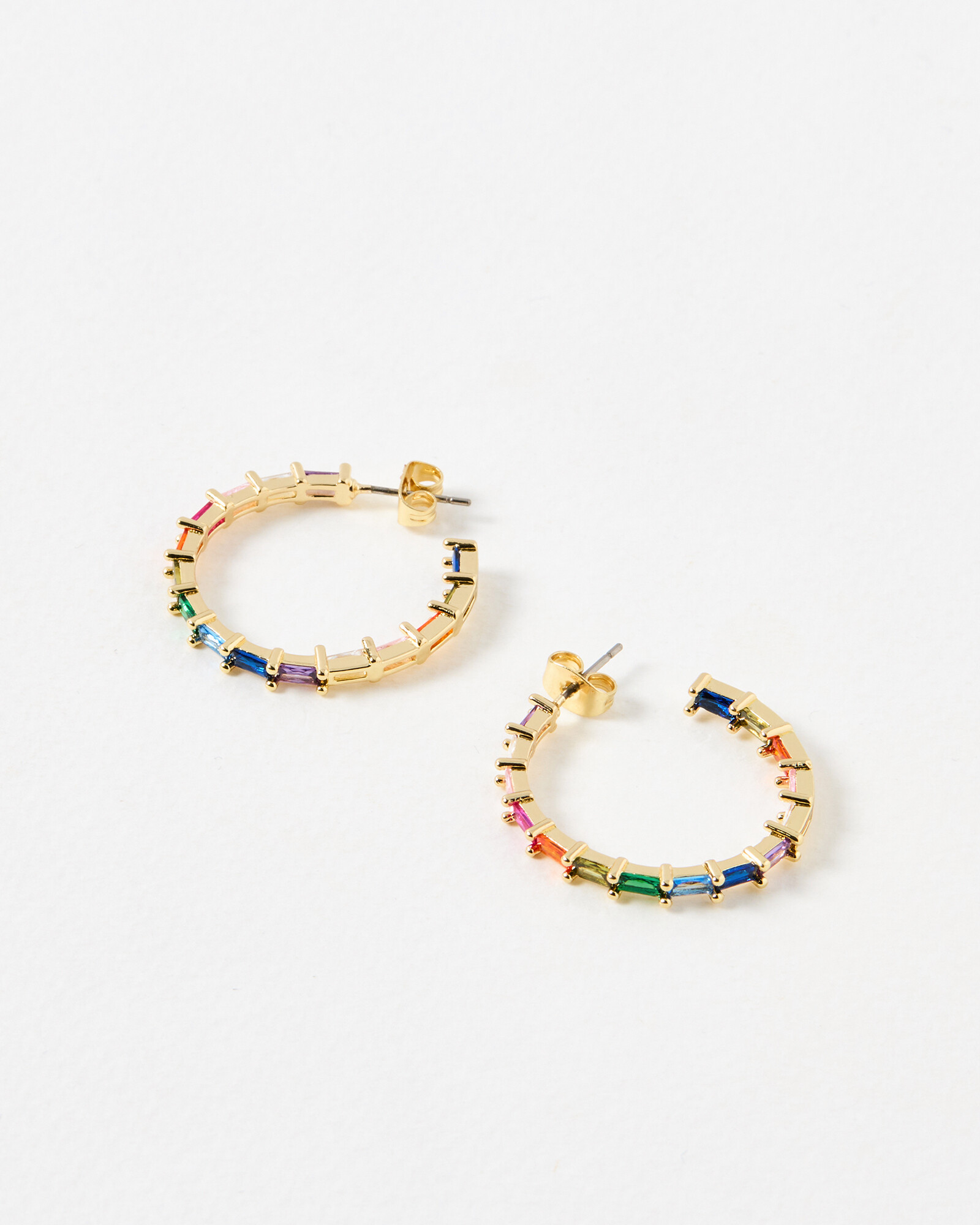 Cleo Rainbow Baguette Stone Gold Tone Hoop Earrings | Oliver Bonas