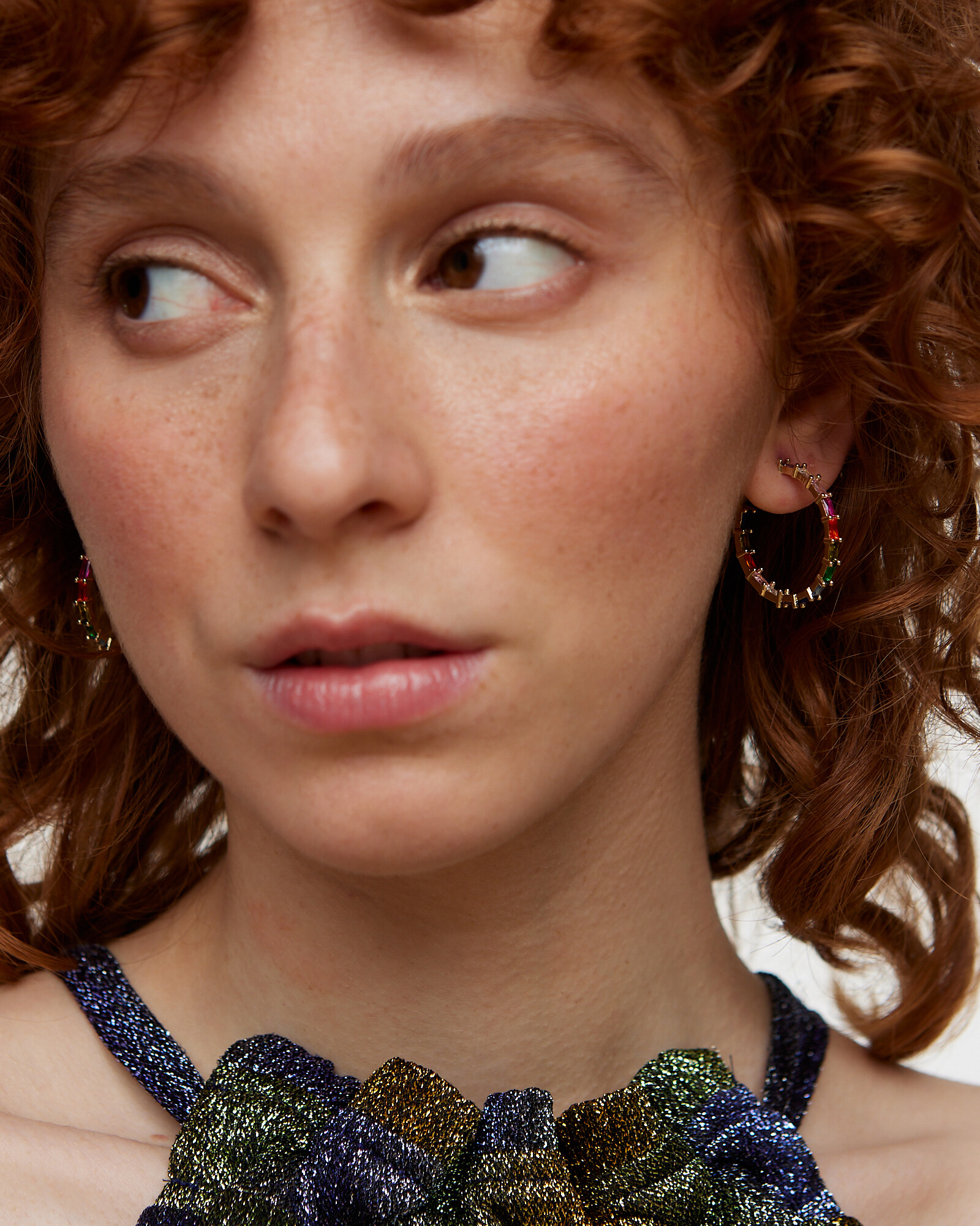 Cleo Rainbow Baguette Stone Gold Tone Hoop Earrings | Oliver Bonas