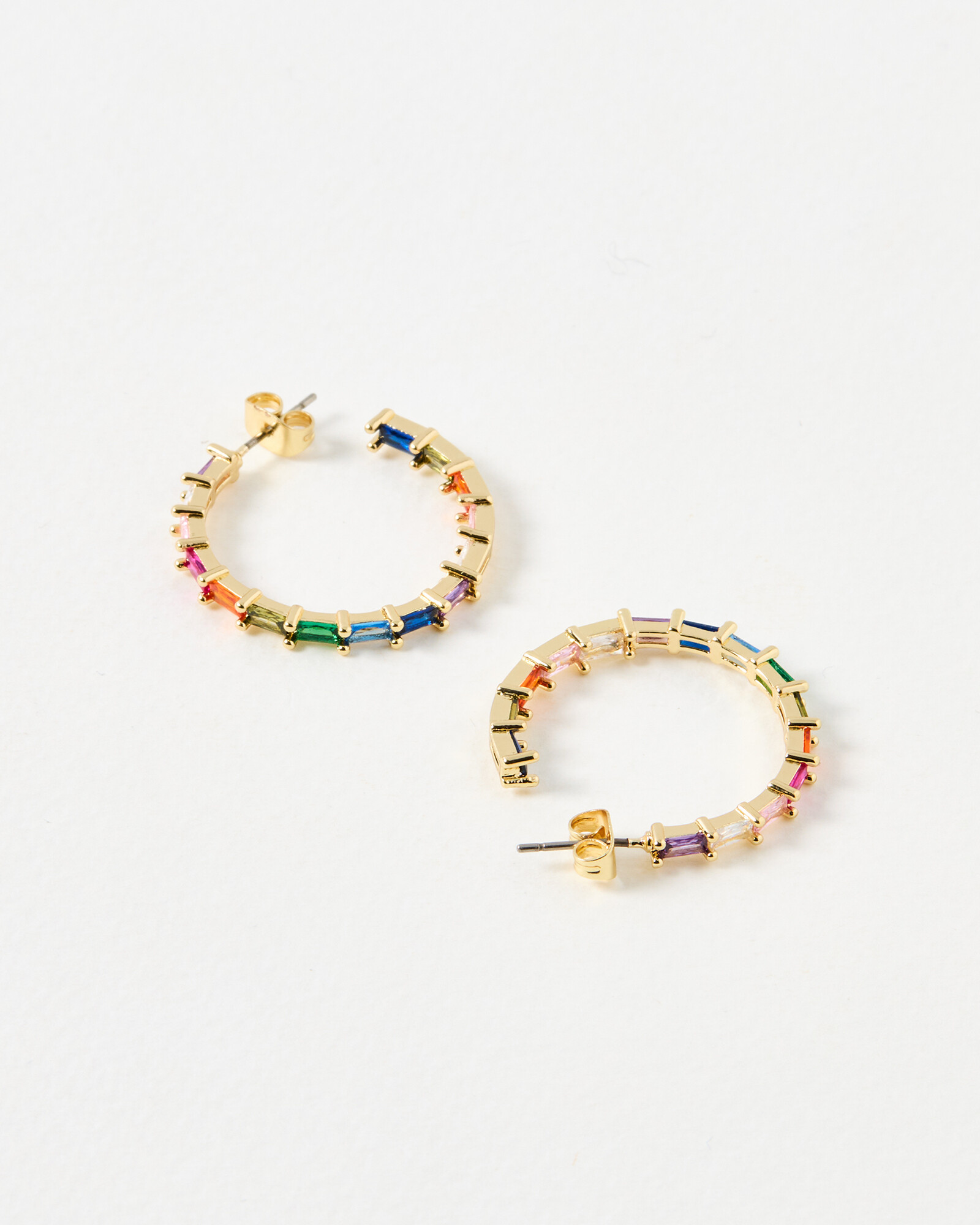 Cleo Rainbow Baguette Stone Gold Tone Hoop Earrings | Oliver Bonas