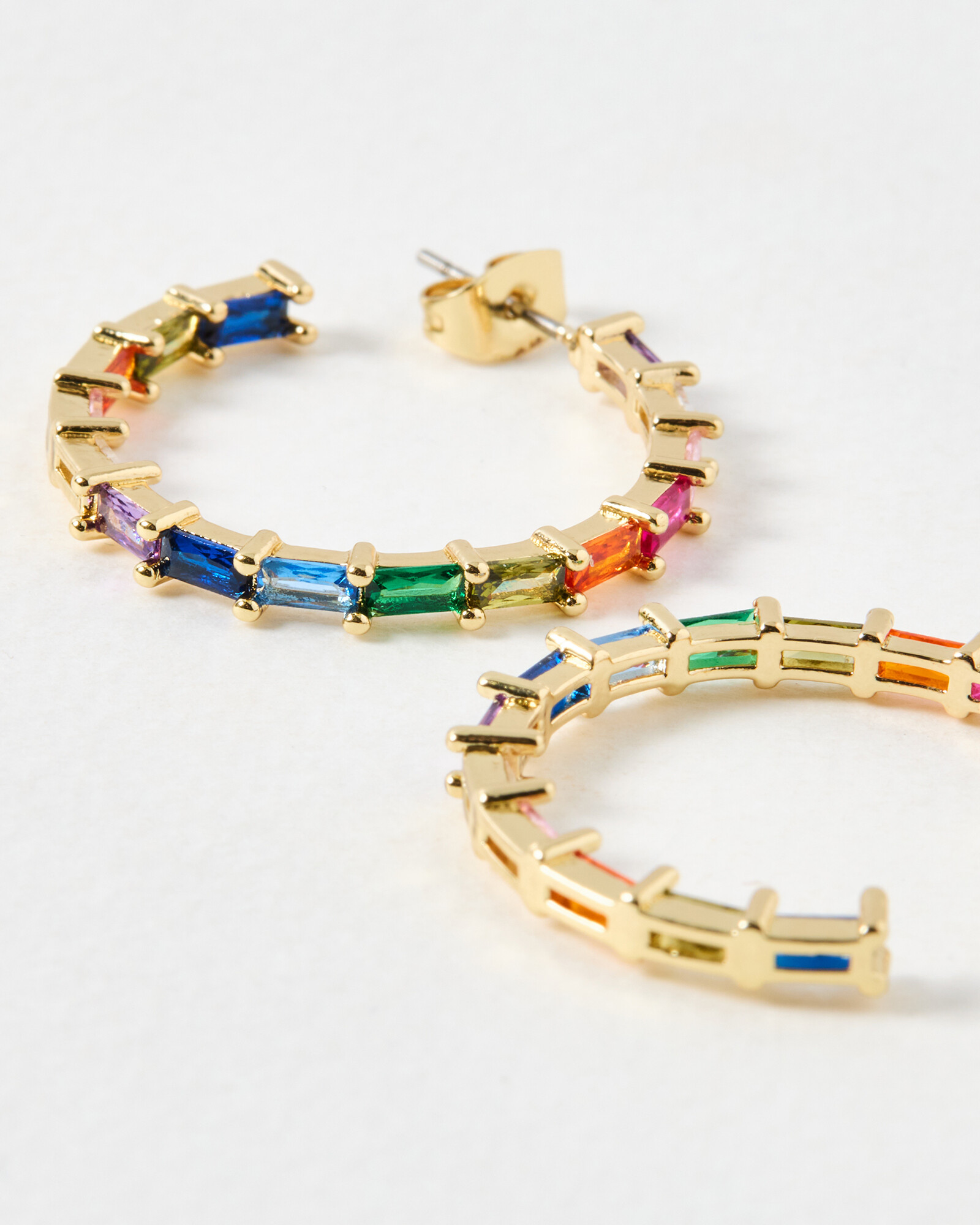 Cleo Rainbow Baguette Stone Gold Tone Hoop Earrings | Oliver Bonas