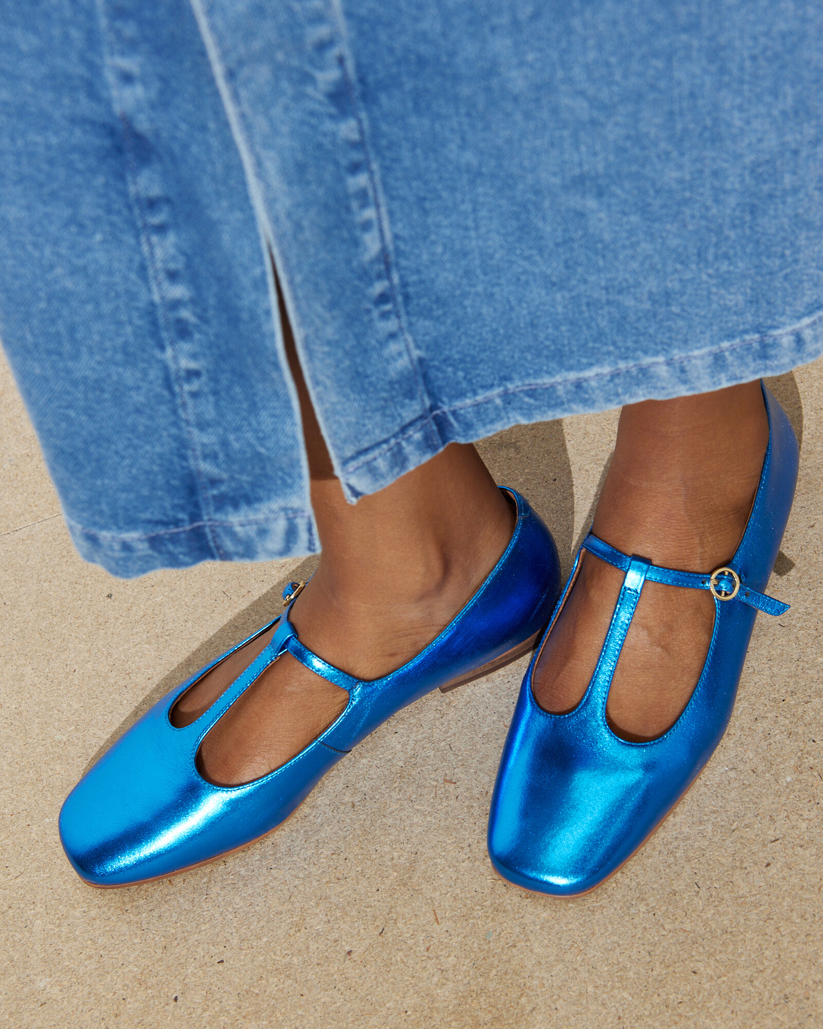 Mary Jane Metallic Blue Leather T-Bar Shoes | Oliver Bonas