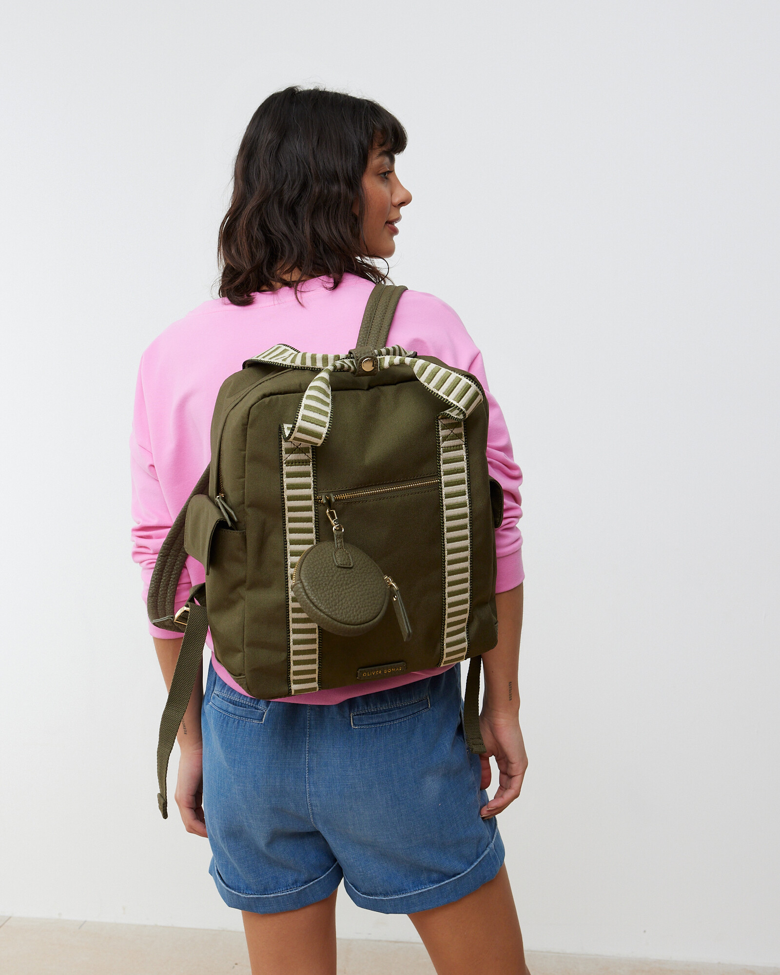 Khaki Green Geometric Strap Multi Pocket Backpack | Oliver Bonas