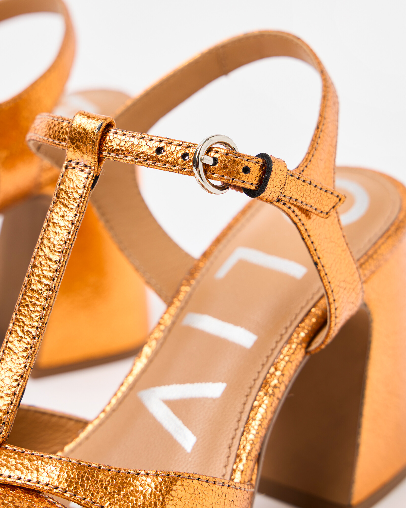 Metallic Orange T-Bar Flared Heeled Sandals | Oliver Bonas