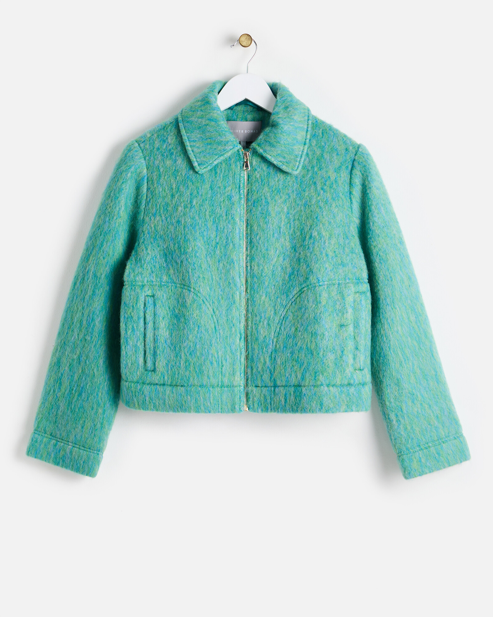 Green Wool Blend Collared Zip Up Jacket | Oliver Bonas