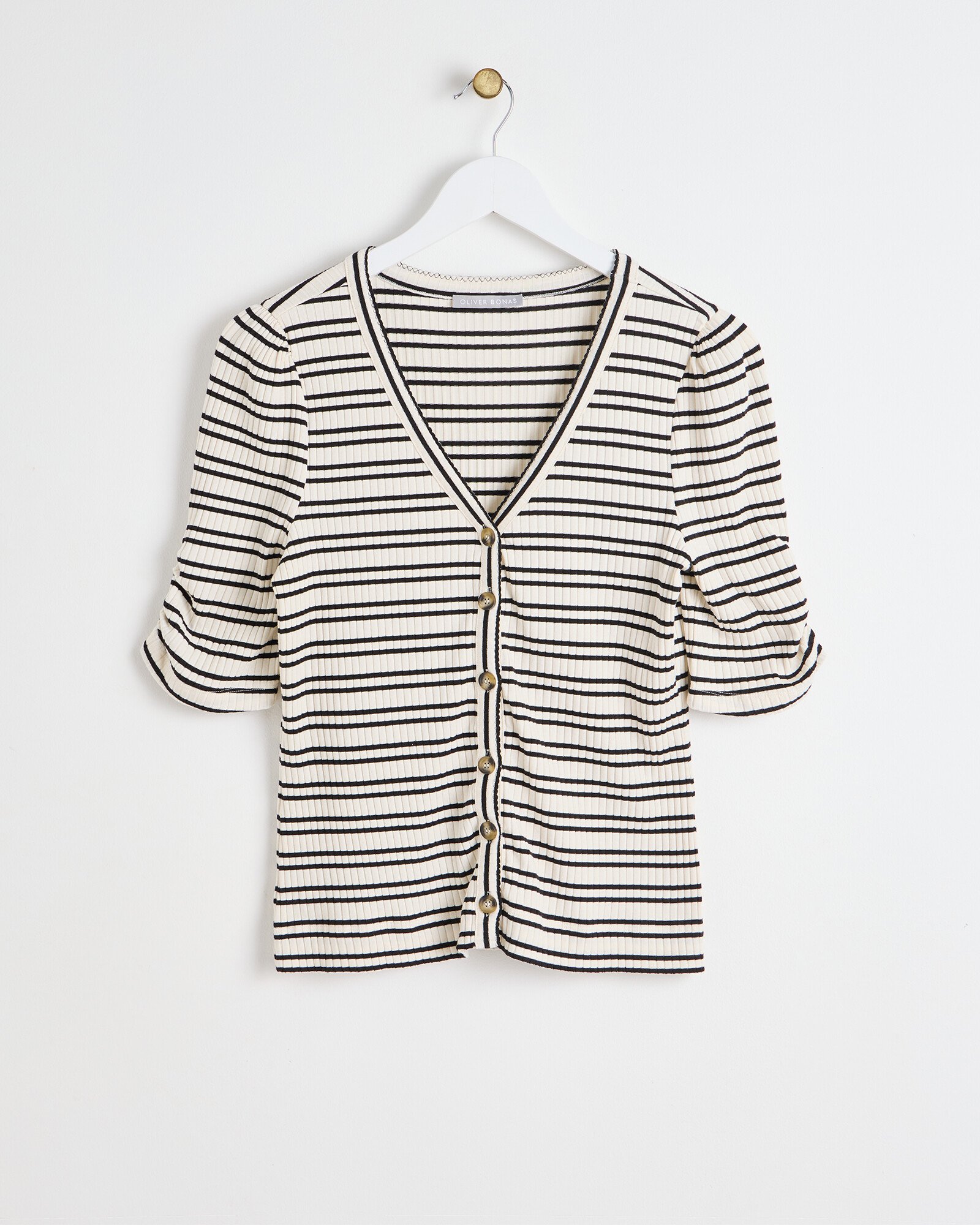 Black & White Striped Ribbed V-Neck Jersey Top | Oliver Bonas