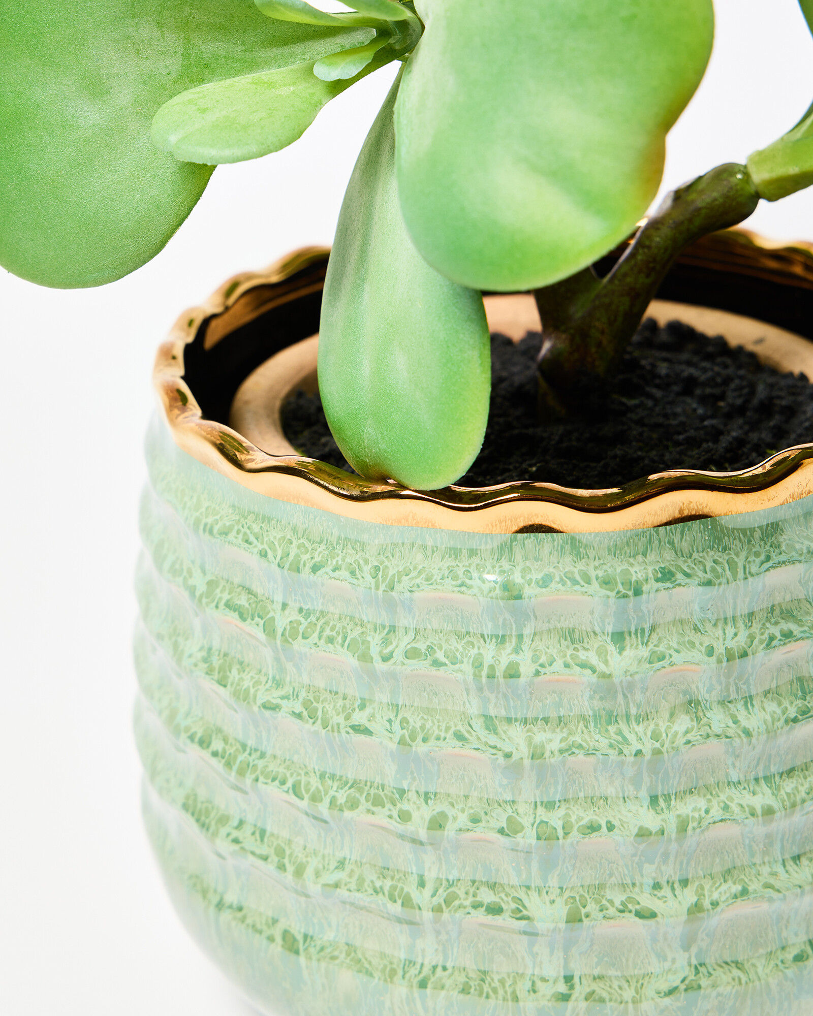 Lucia Gold Metallic Green Ceramic Plant Pot Medium | Oliver Bonas
