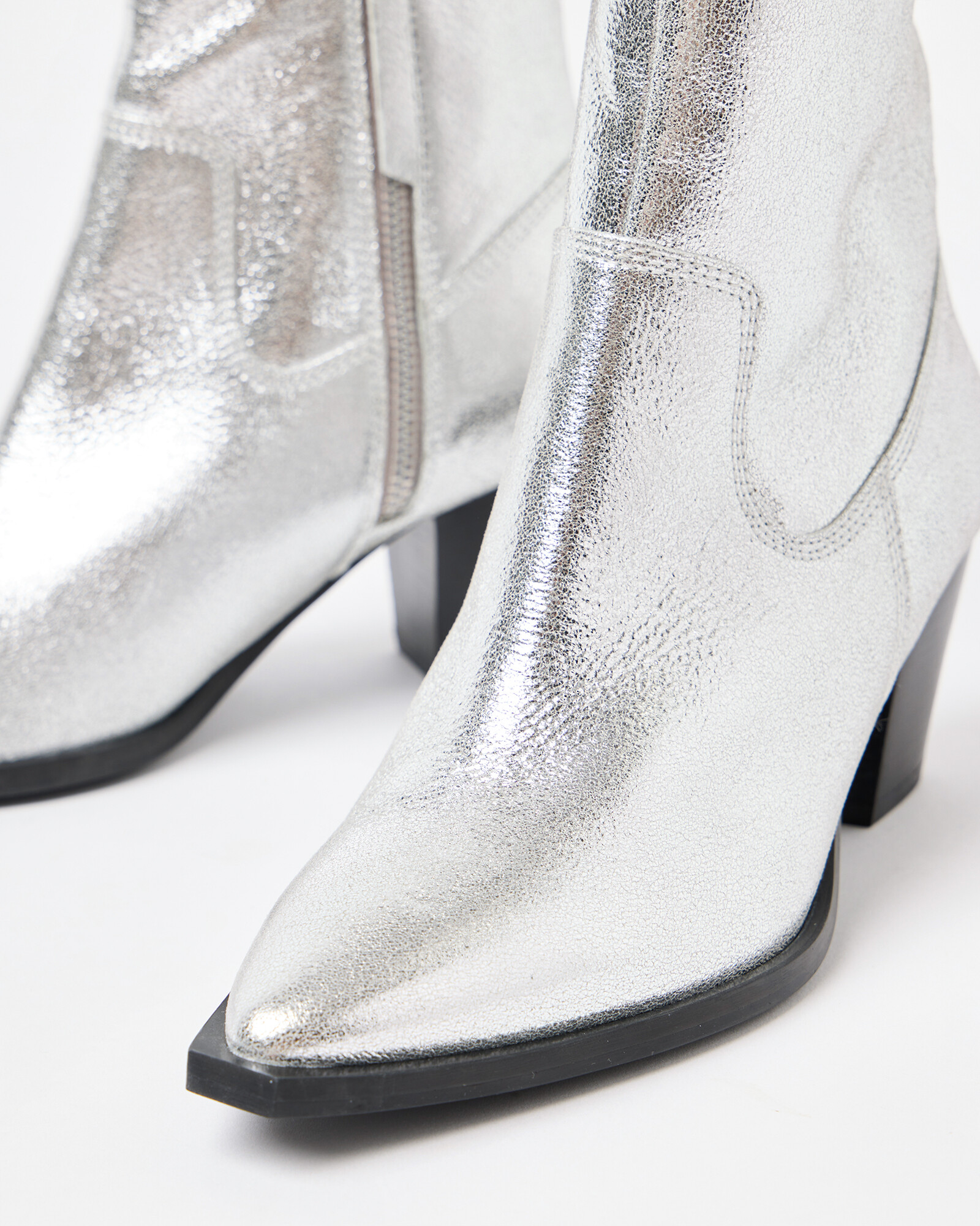 Silver Metallic Leather Western Cowboy Heeled Boots | Oliver Bonas
