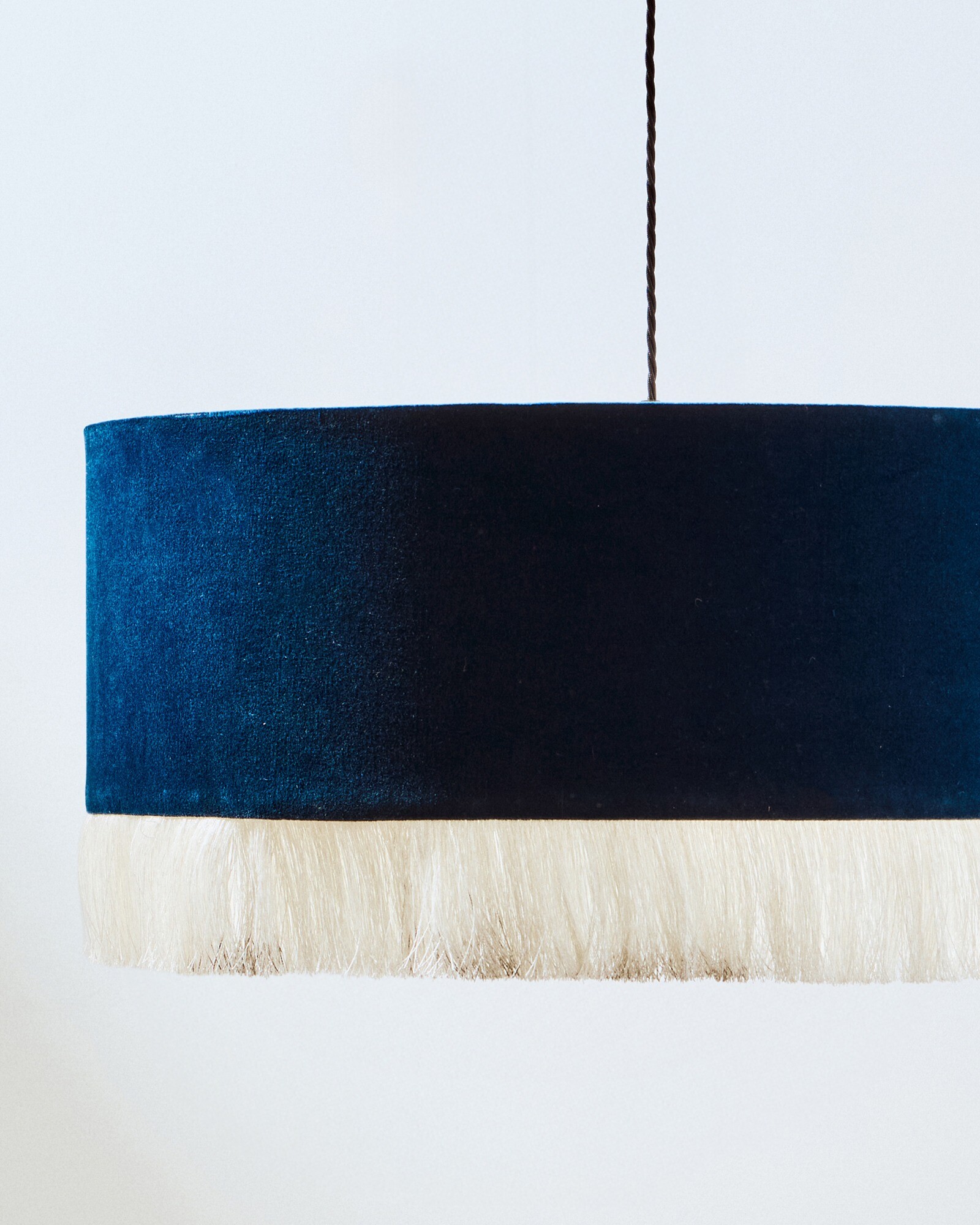 Ero Blue Velvet & Tassel Drum Pendant Lamp Shade | Oliver Bonas