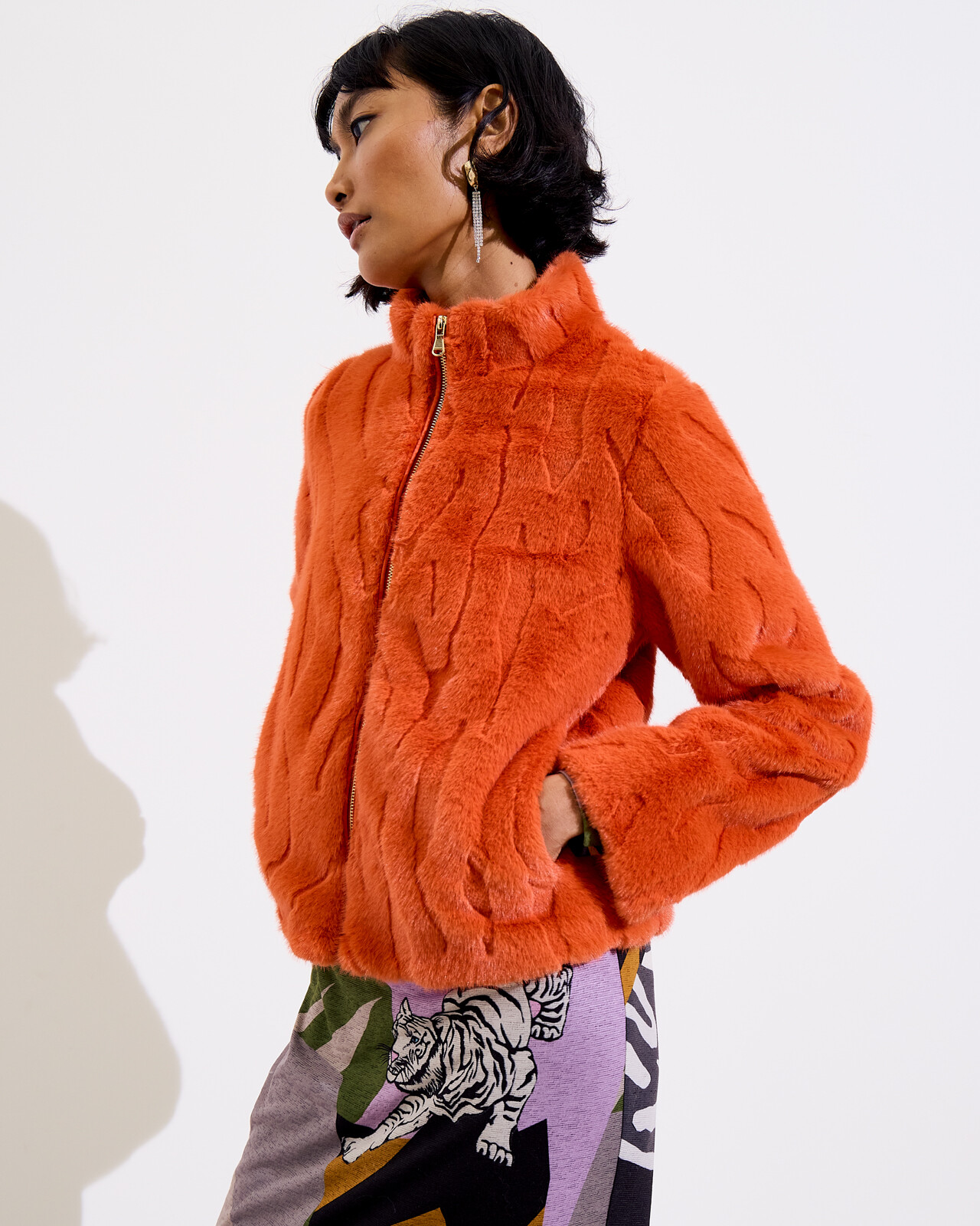 Orange Animal Pattern Faux Fur Jacket | Oliver Bonas