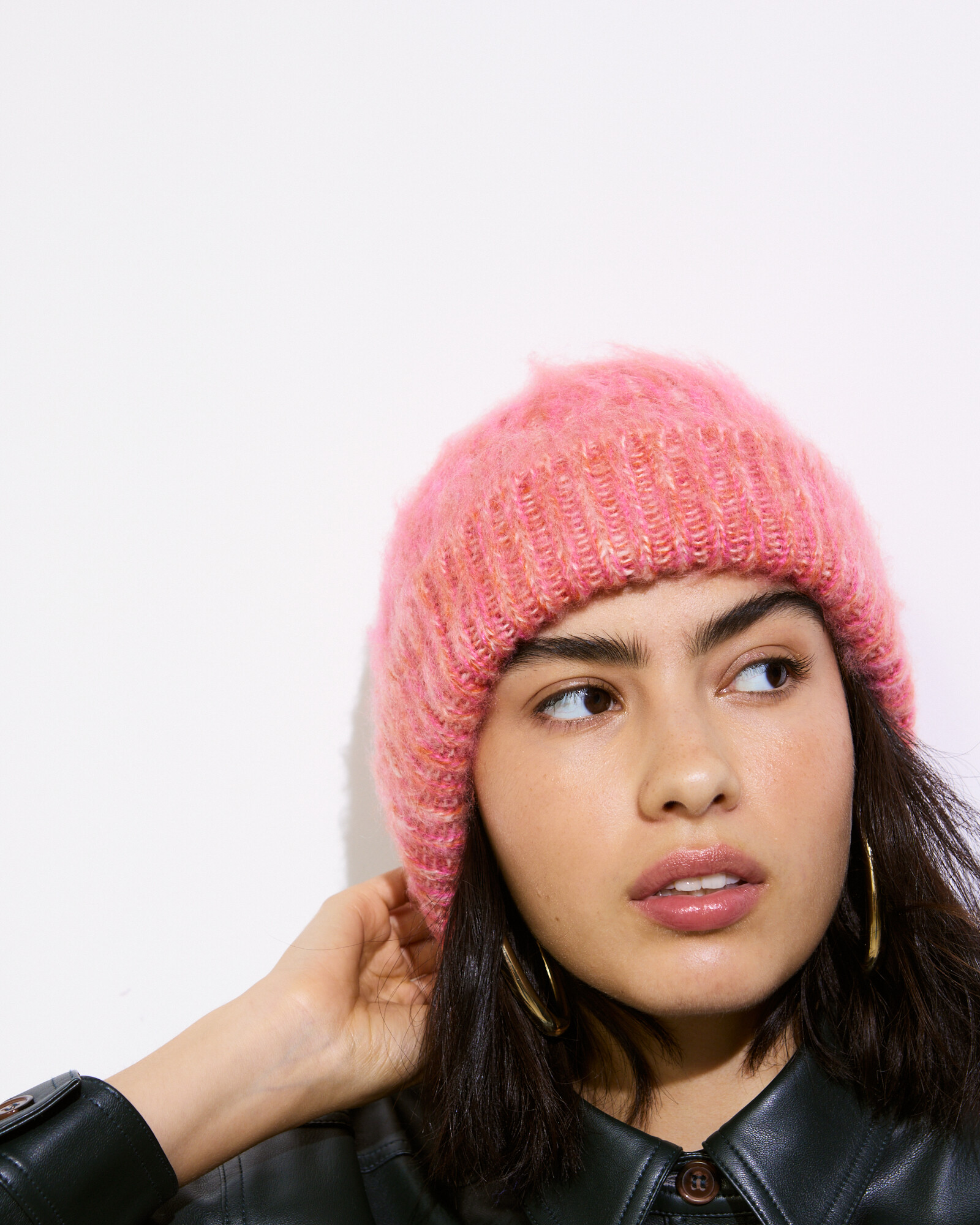 Pink & Orange Brushed Knitted Beanie Hat | Oliver Bonas