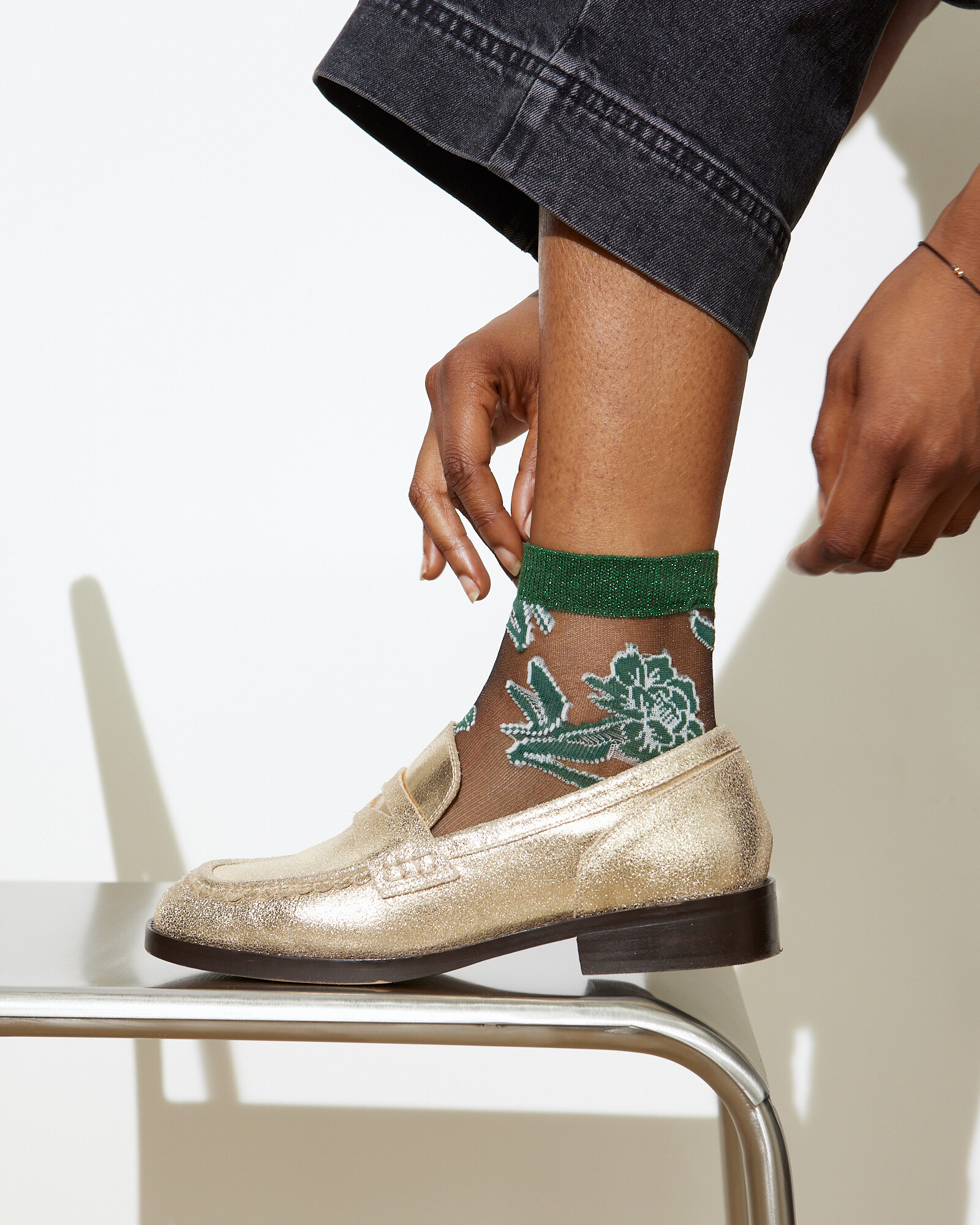 Green & White Sheer Floral Sparkly Socks | Oliver Bonas