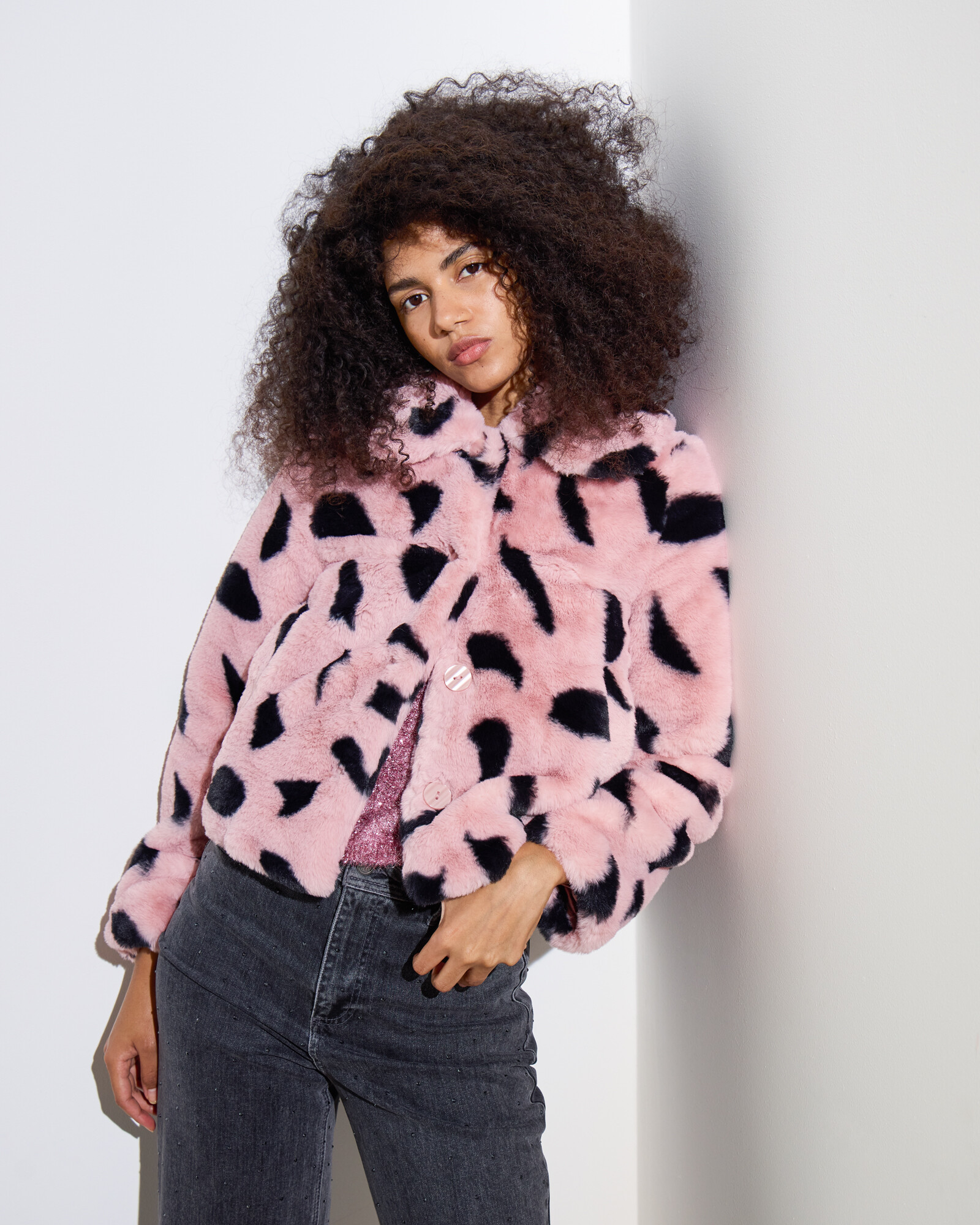 Pink & Black Spotty Faux Fur Coat | Oliver Bonas