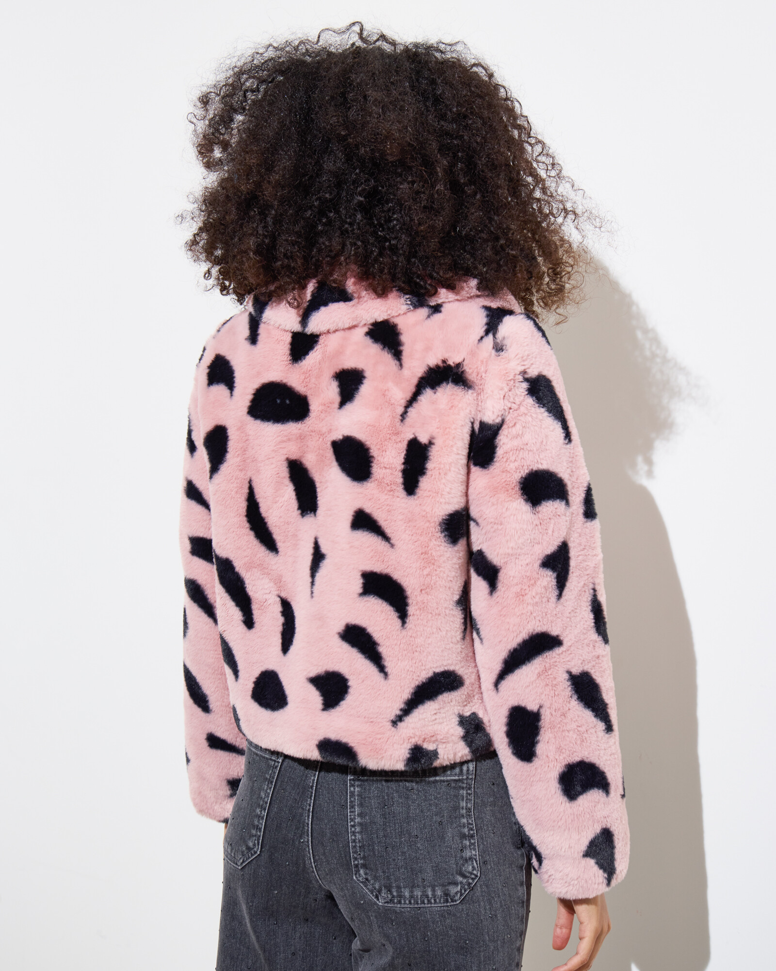 Pink & Black Spotty Faux Fur Coat | Oliver Bonas