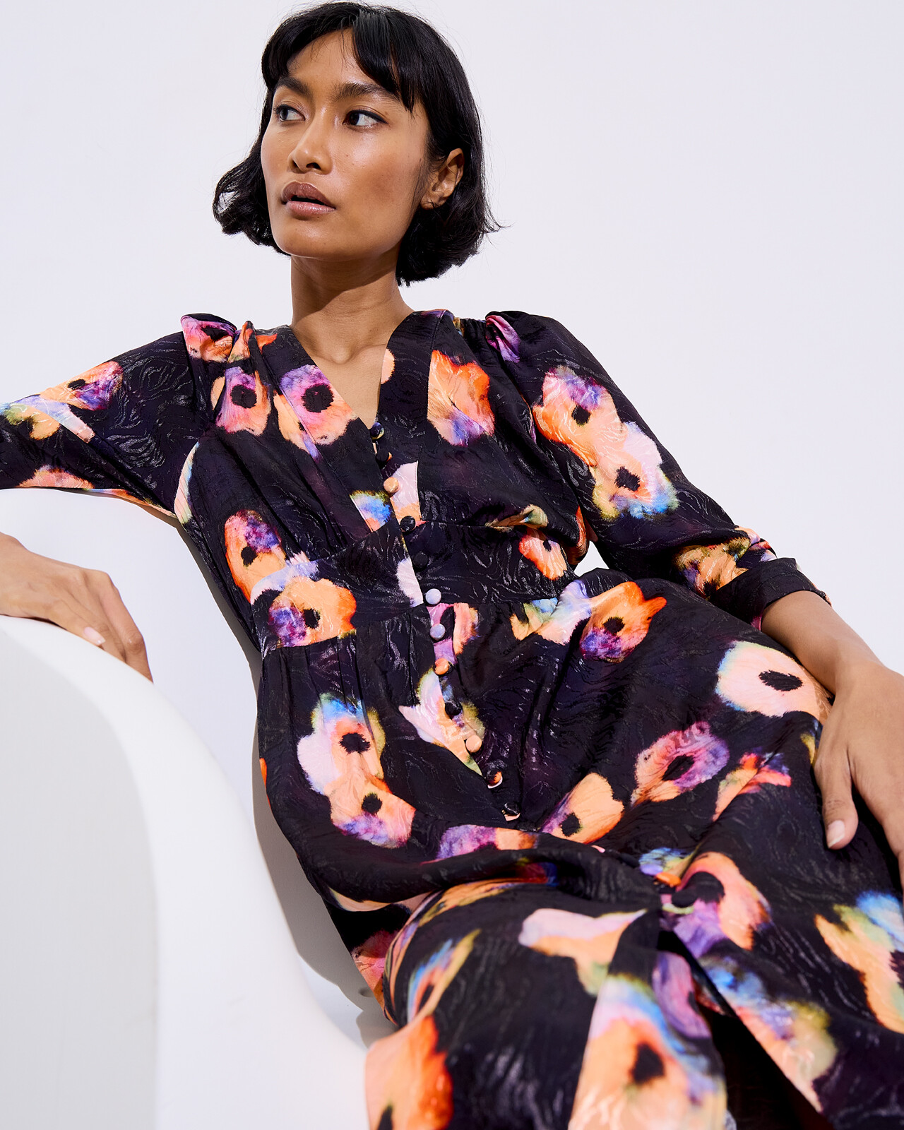 Floral Print Black Woven Midi Dress | Oliver Bonas