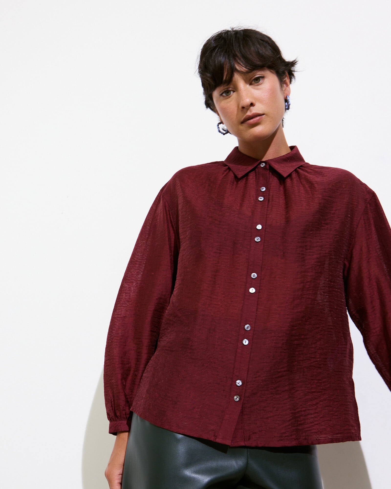 Red Textured Button Down Sheer Blouse | Oliver Bonas