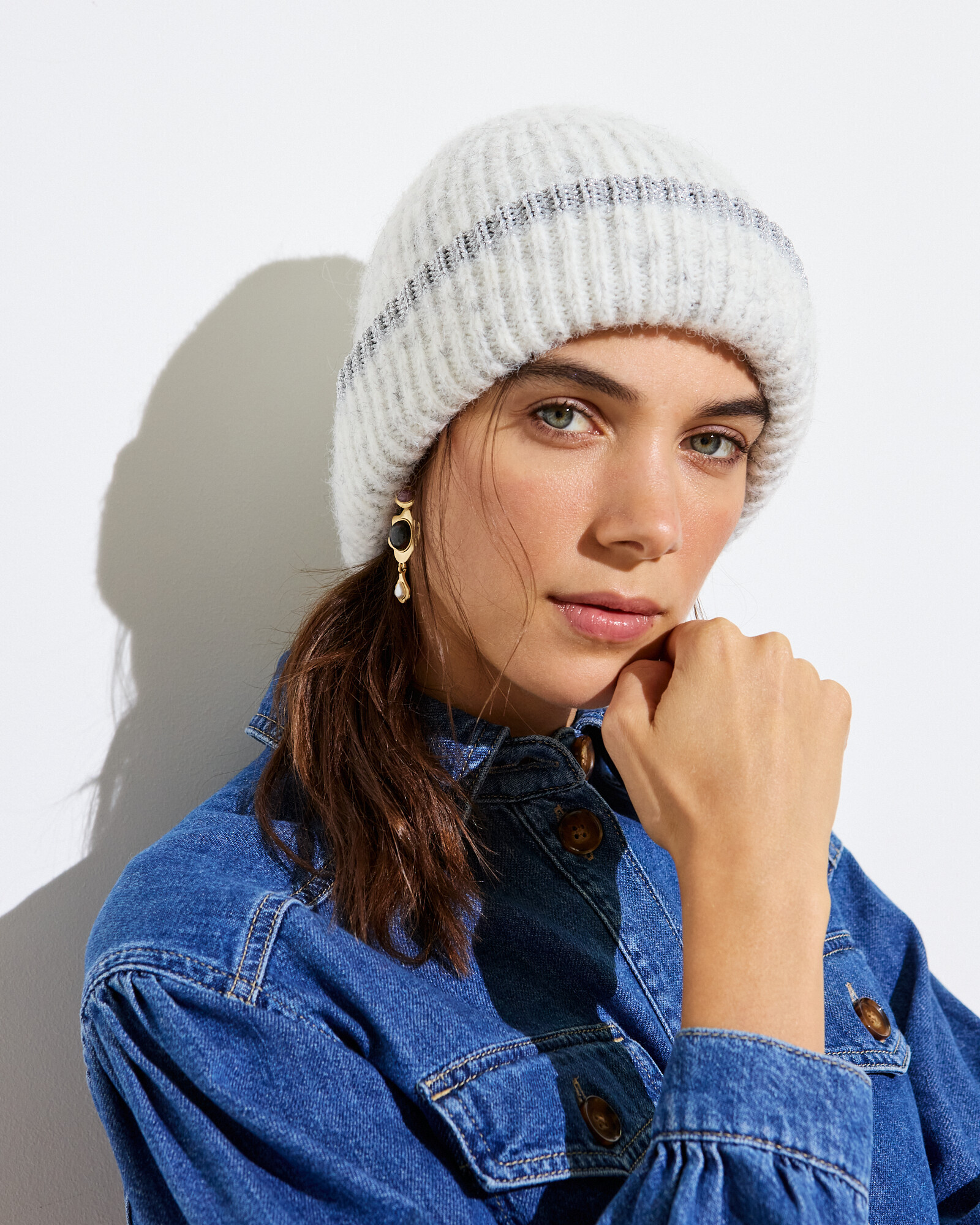 Grey Marl Metallic Knitted Beanie Hat | Oliver Bonas