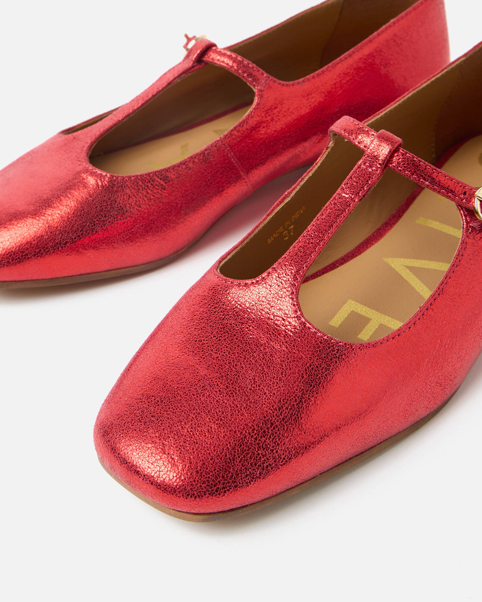 Mary Jane Metallic Red Leather T-Bar Shoes | Oliver Bonas