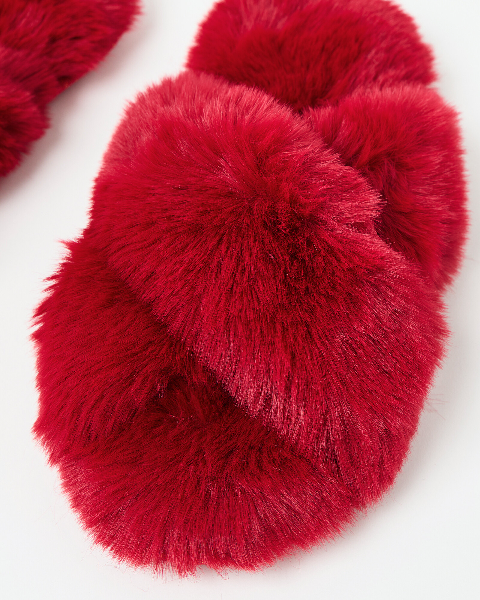 Red Crossover Faux Fur Slippers | Oliver Bonas