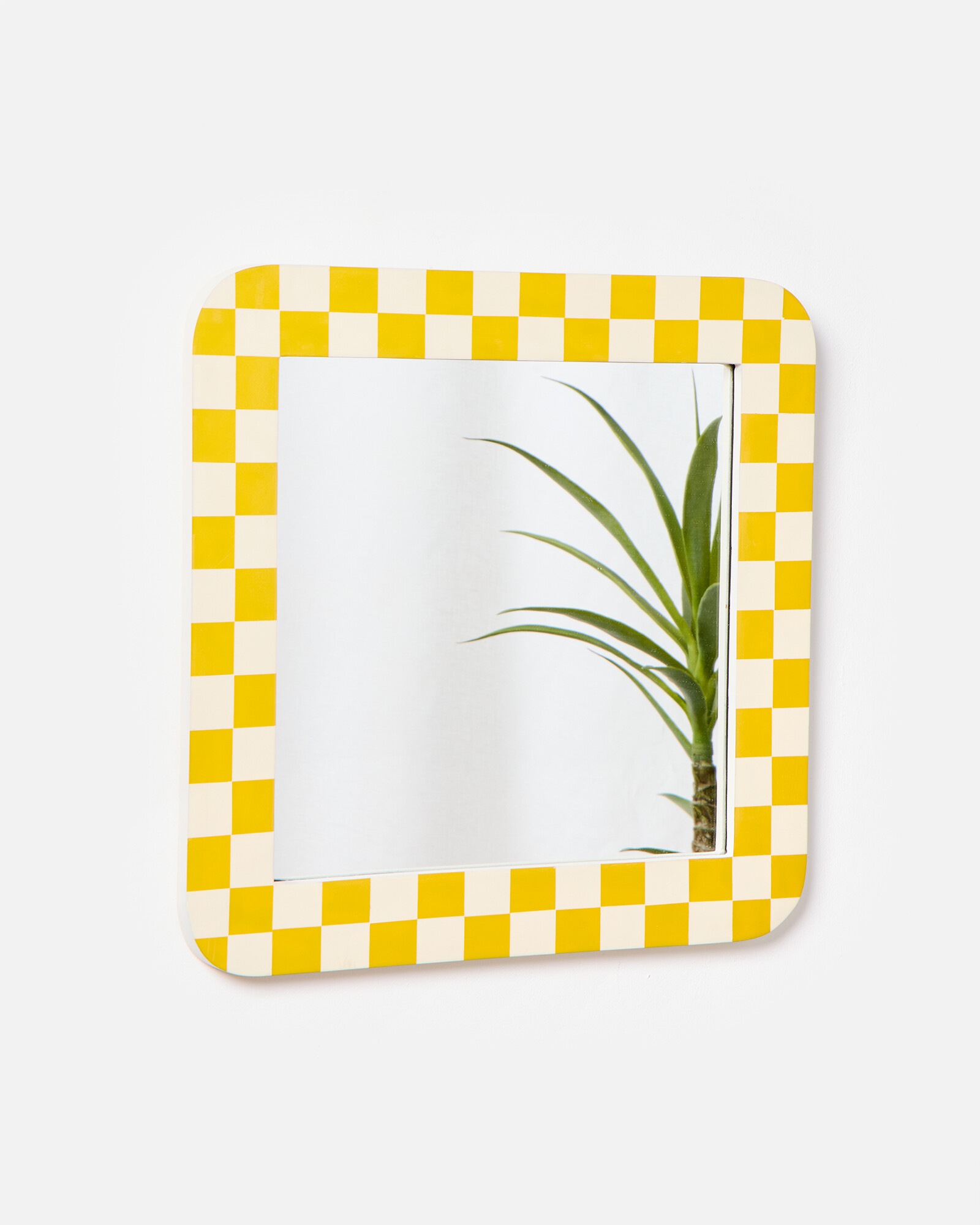 Chequerboard Yellow & Cream Resin Square Wall Mirror | Oliver Bonas