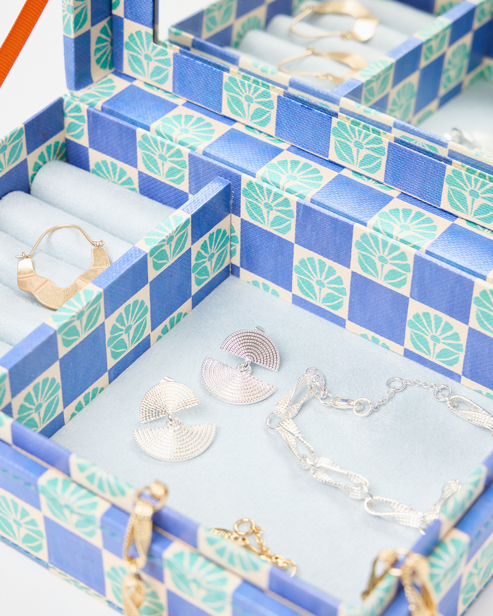 Floral Chequerboard Blue Jewellery Box | Oliver Bonas