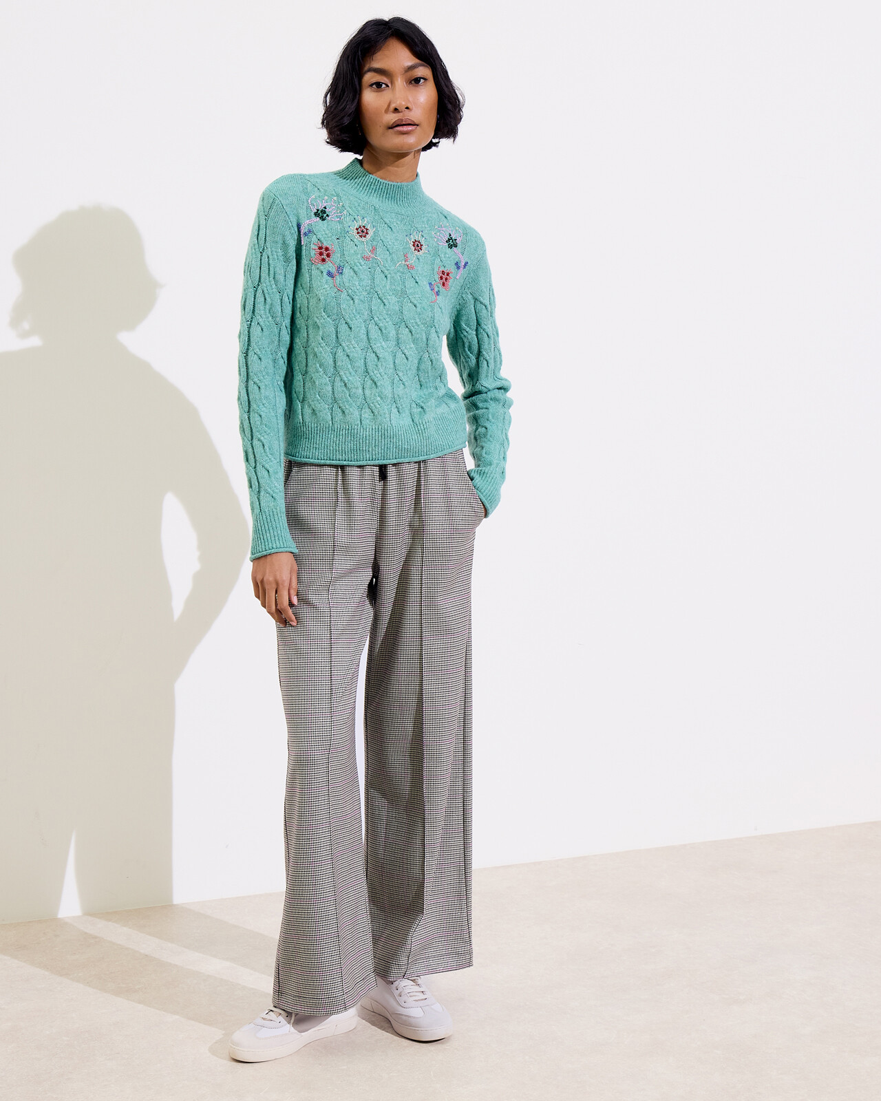 Beaded Floral Green Cable Knit Jumper | Oliver Bonas