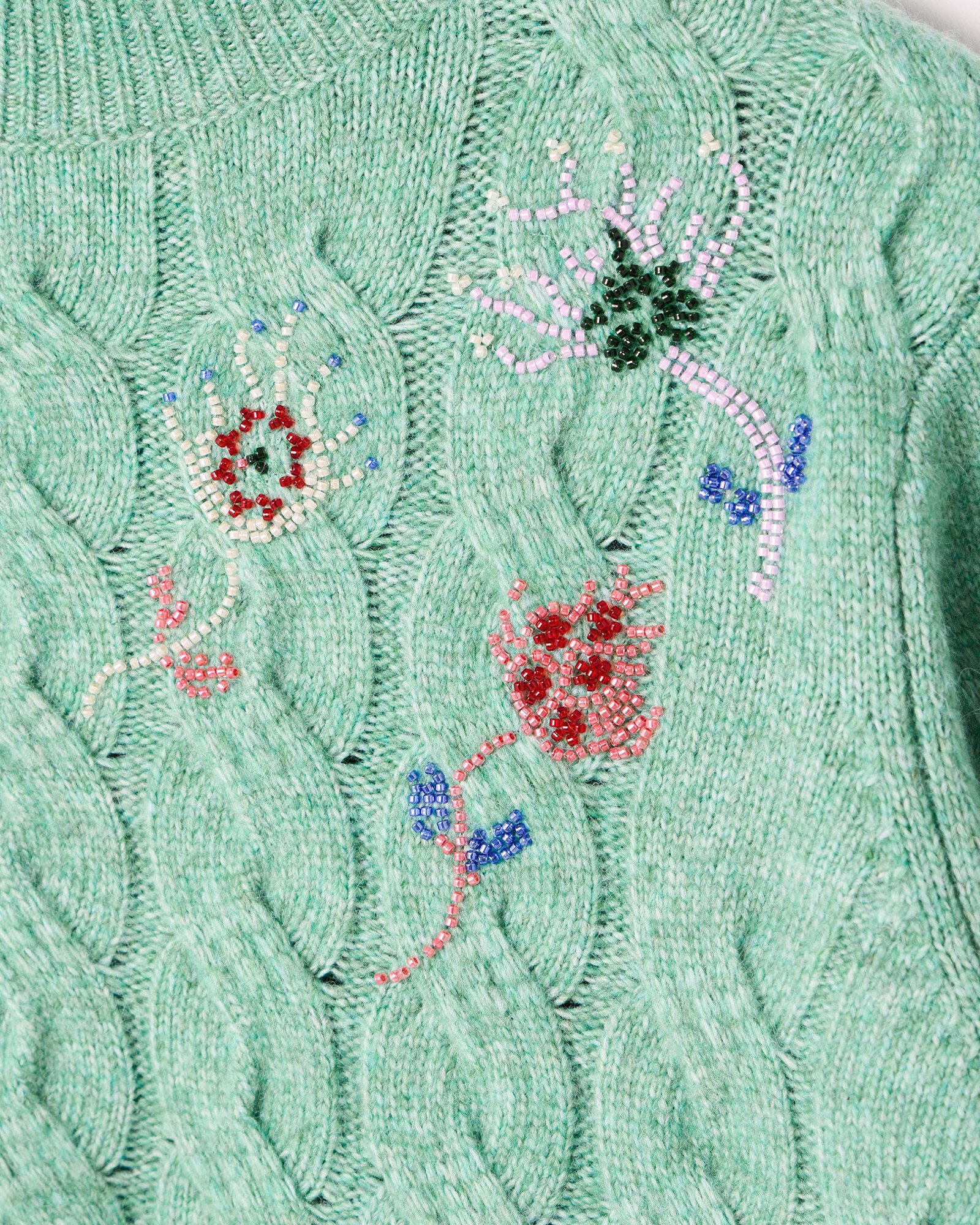 Beaded Floral Green Cable Knit Jumper | Oliver Bonas