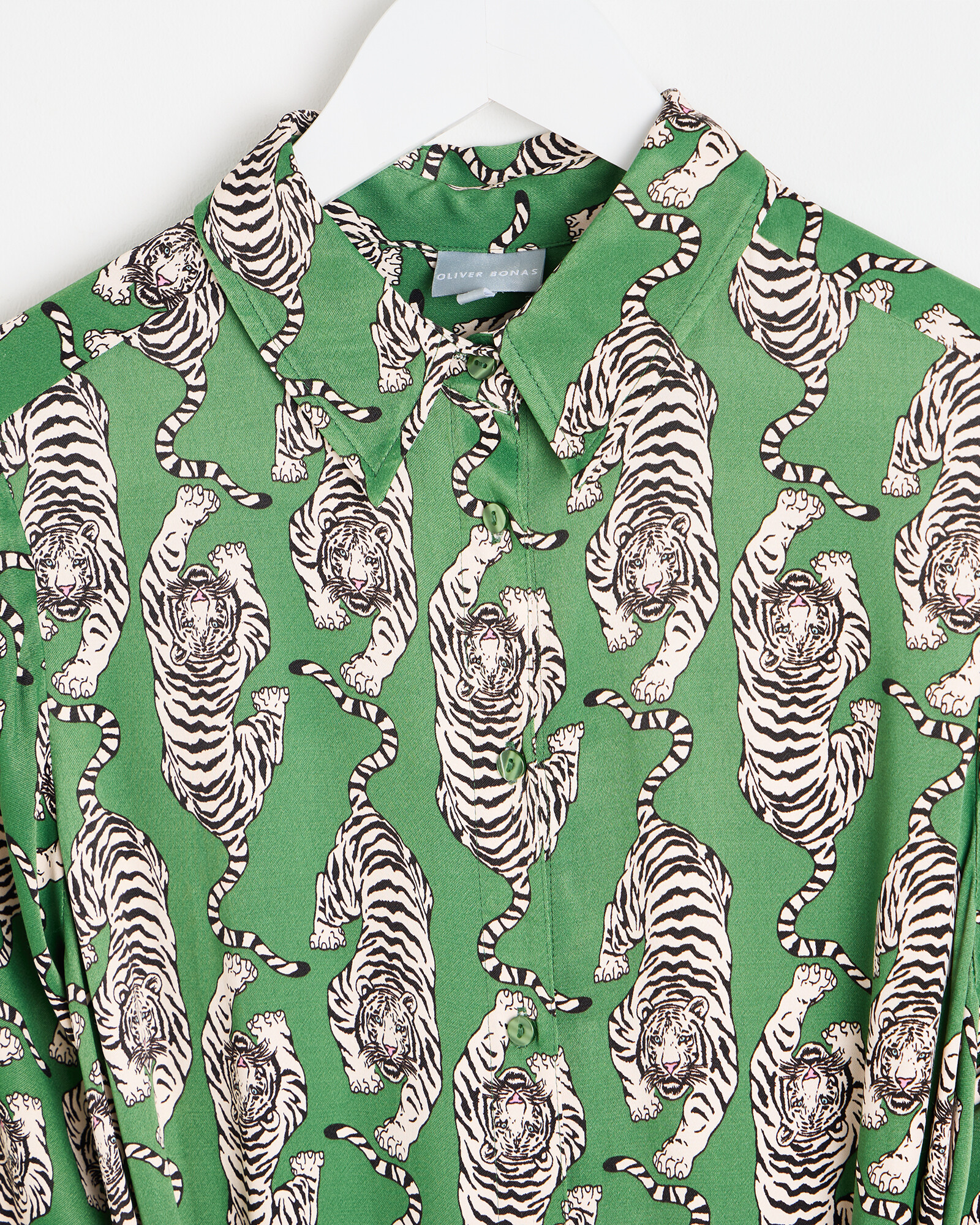 Green Tiger Print Satin Midi Shirt Dress | Oliver Bonas